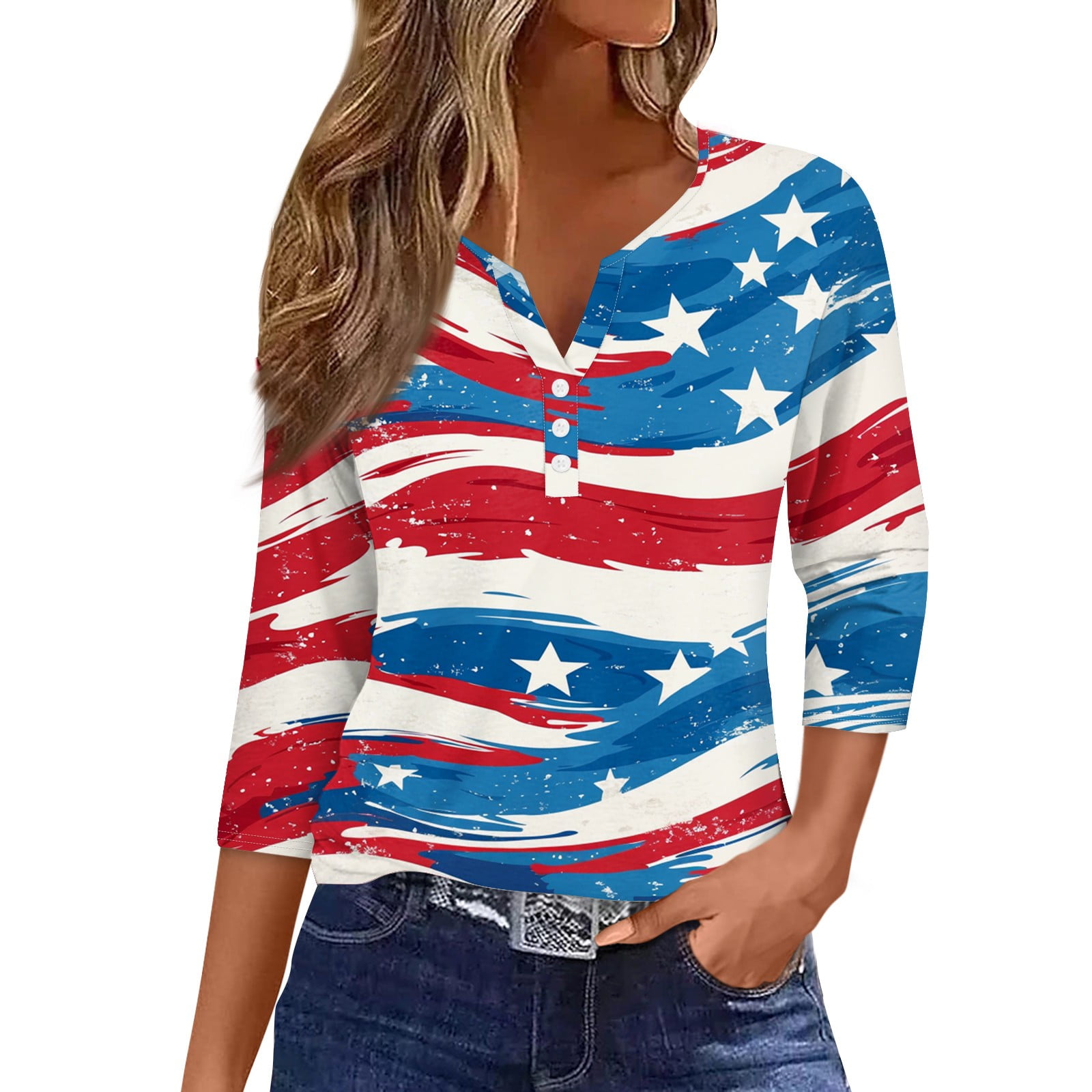 RPVATI 4th of July Womens Blouses 3/4 Sleeve Cotton Casual Patriotic Independence Day Tops ...