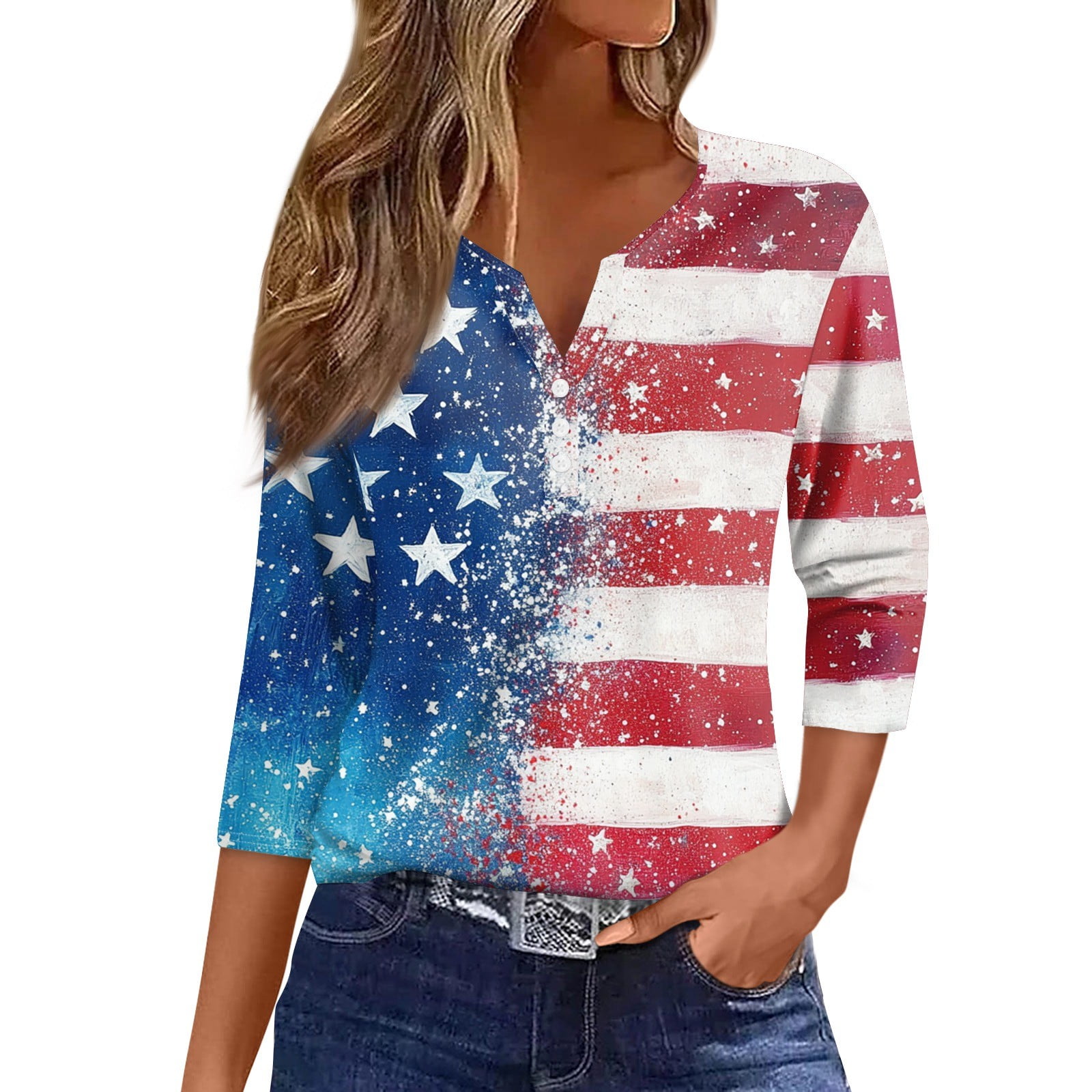 RPVATI 4th of July Womens Tops 3/4 Sleeve Plus Size Button Down Patriotic Stars Striped American ...