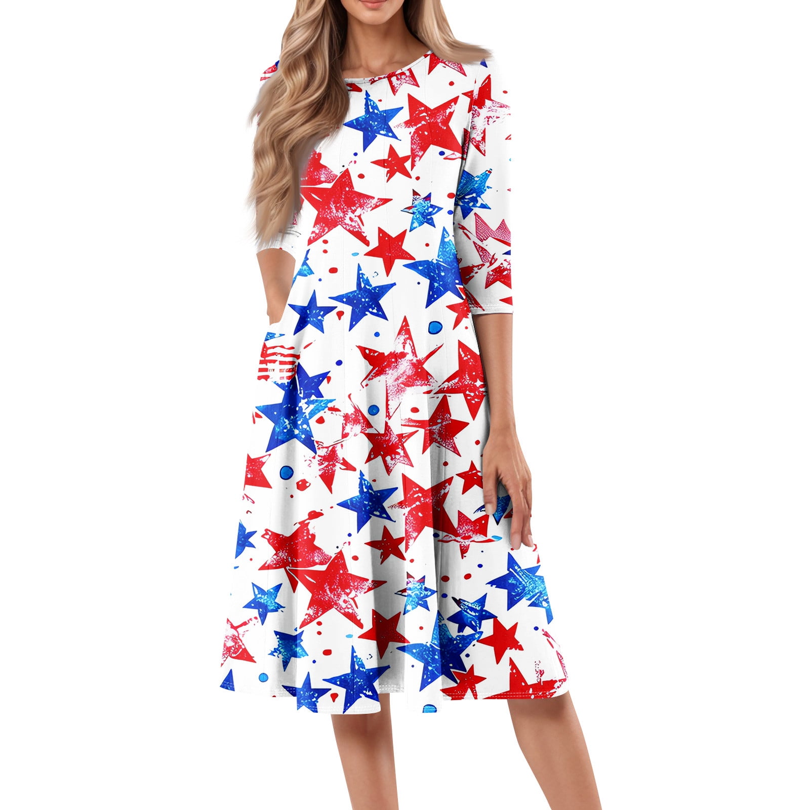 RPVATI 4th Of July Plus Size Sun Dresses for Curvy Women Summer 3/4 ...