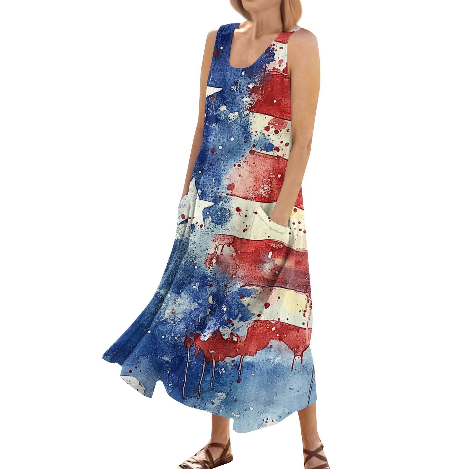 RPVATI 4th of July womens maxi dress summer Sleeveless American Flag ...