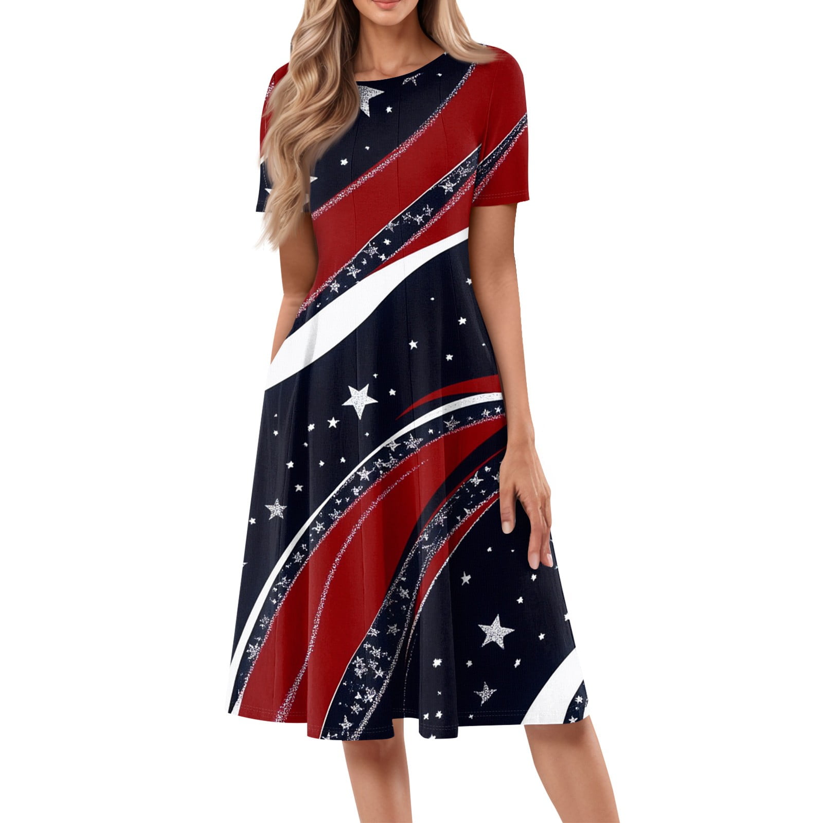 RPVATI 4th of July womens midi dress Summer Pleated Short Sleeve ...