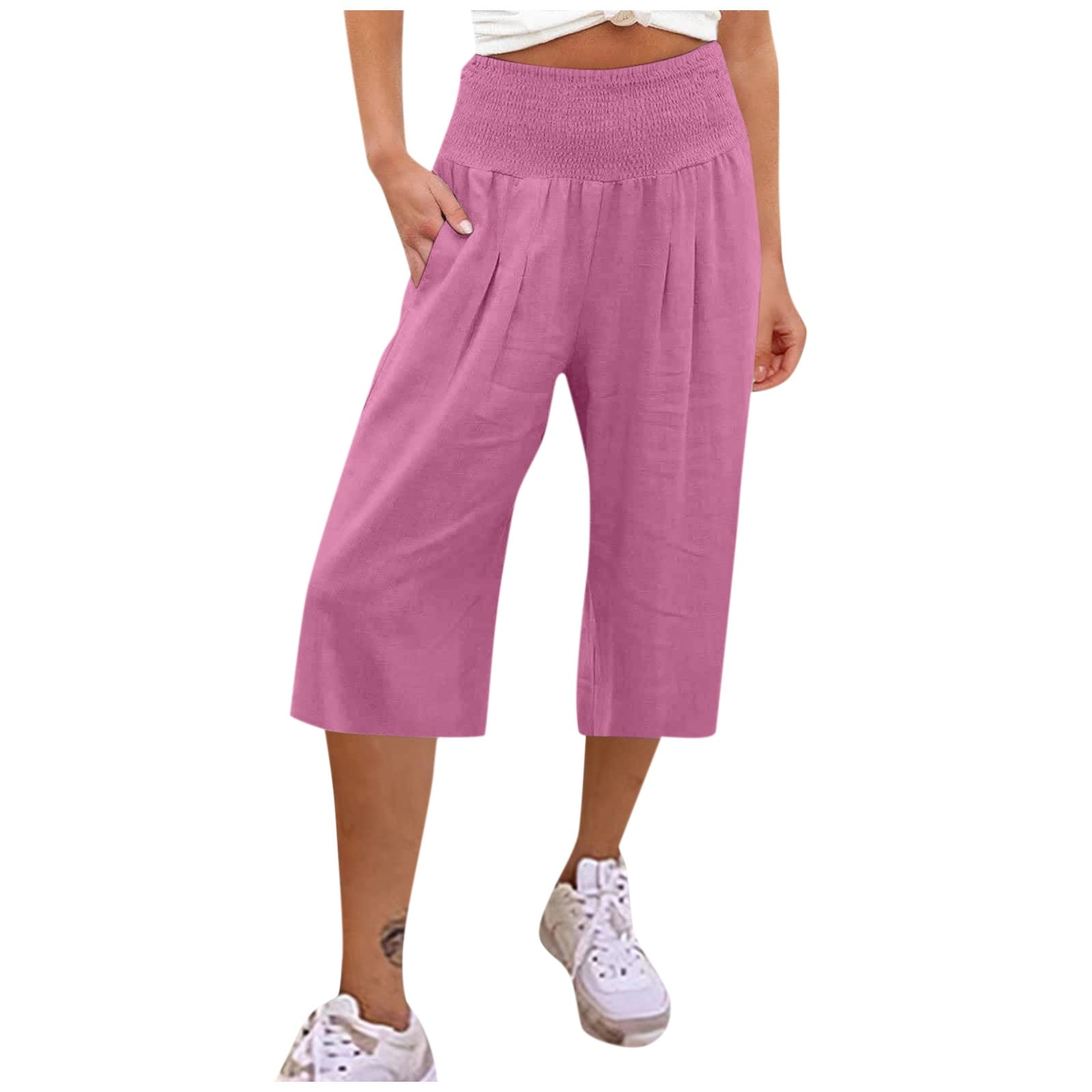 RPVATI Athletic Capris for Women Casual Summer Wide Leg Linen Capri Pants Loose Fit Elastic High ...