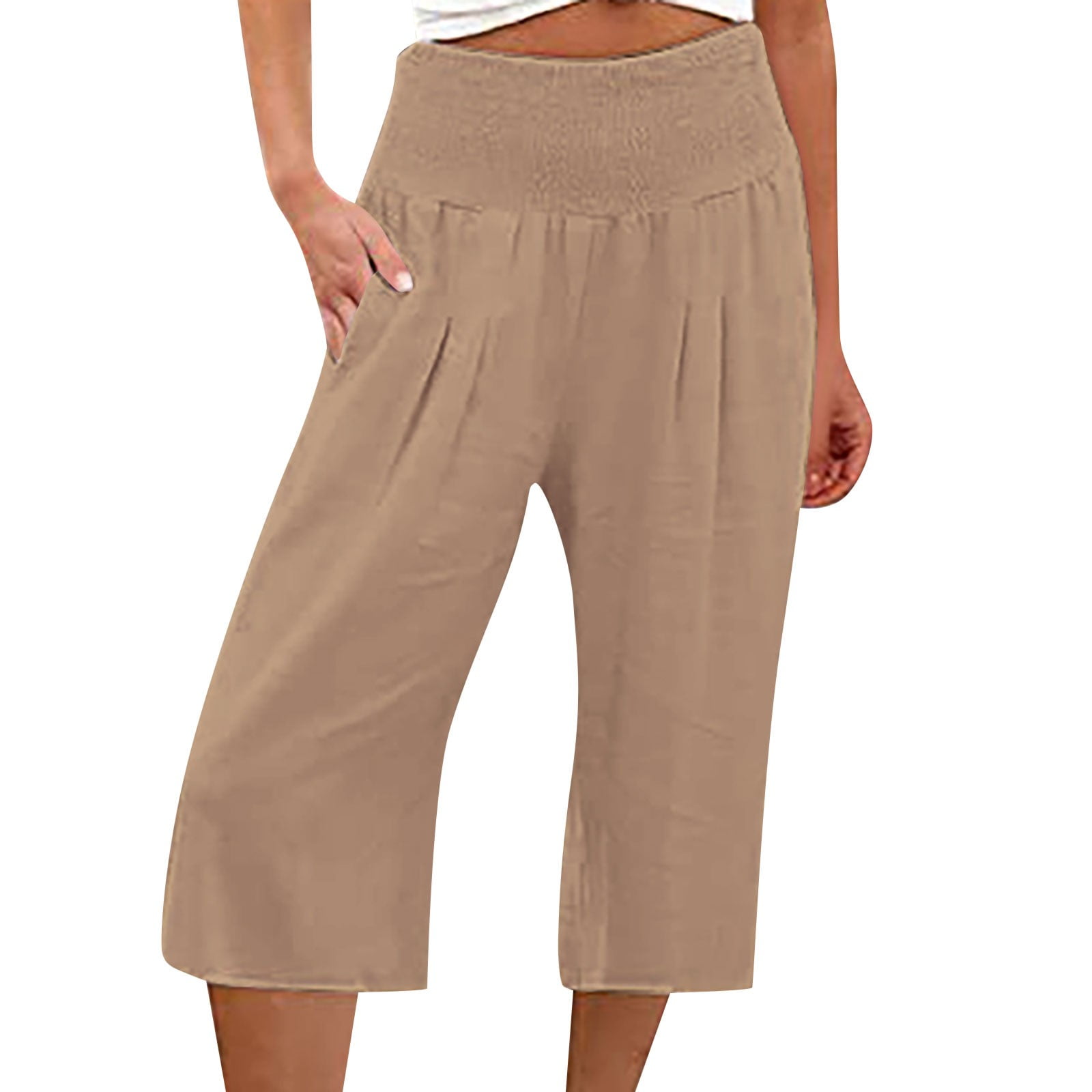 RPVATI Petite Capri Pants for Women Cotton Linen Summer Casual Smocked High Waisted Wide Leg ...