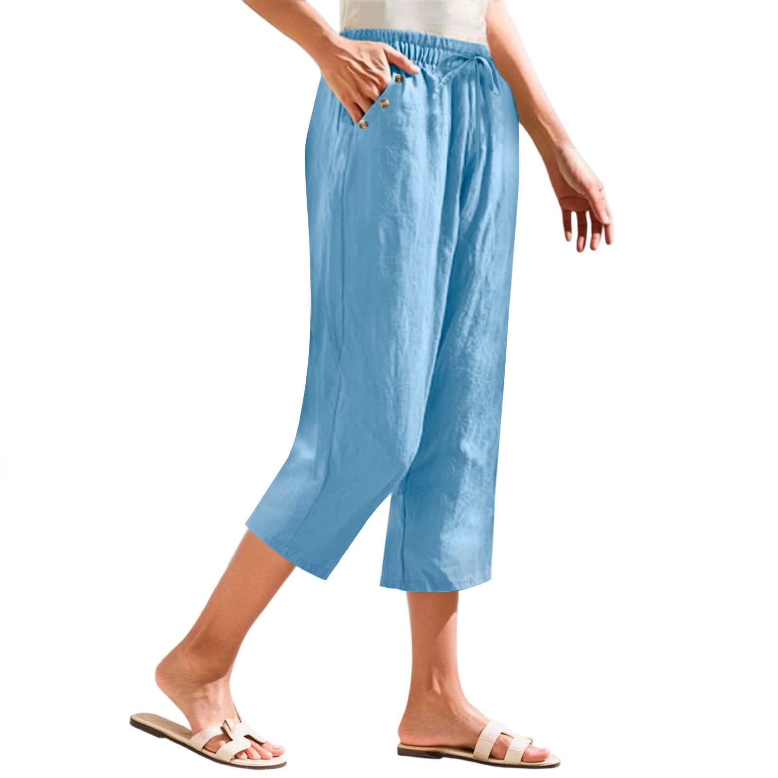 RPVATI Capri Linen Pants for Women Cotton Casual Summer Capris Drawstring High Waist Pants Wide ...