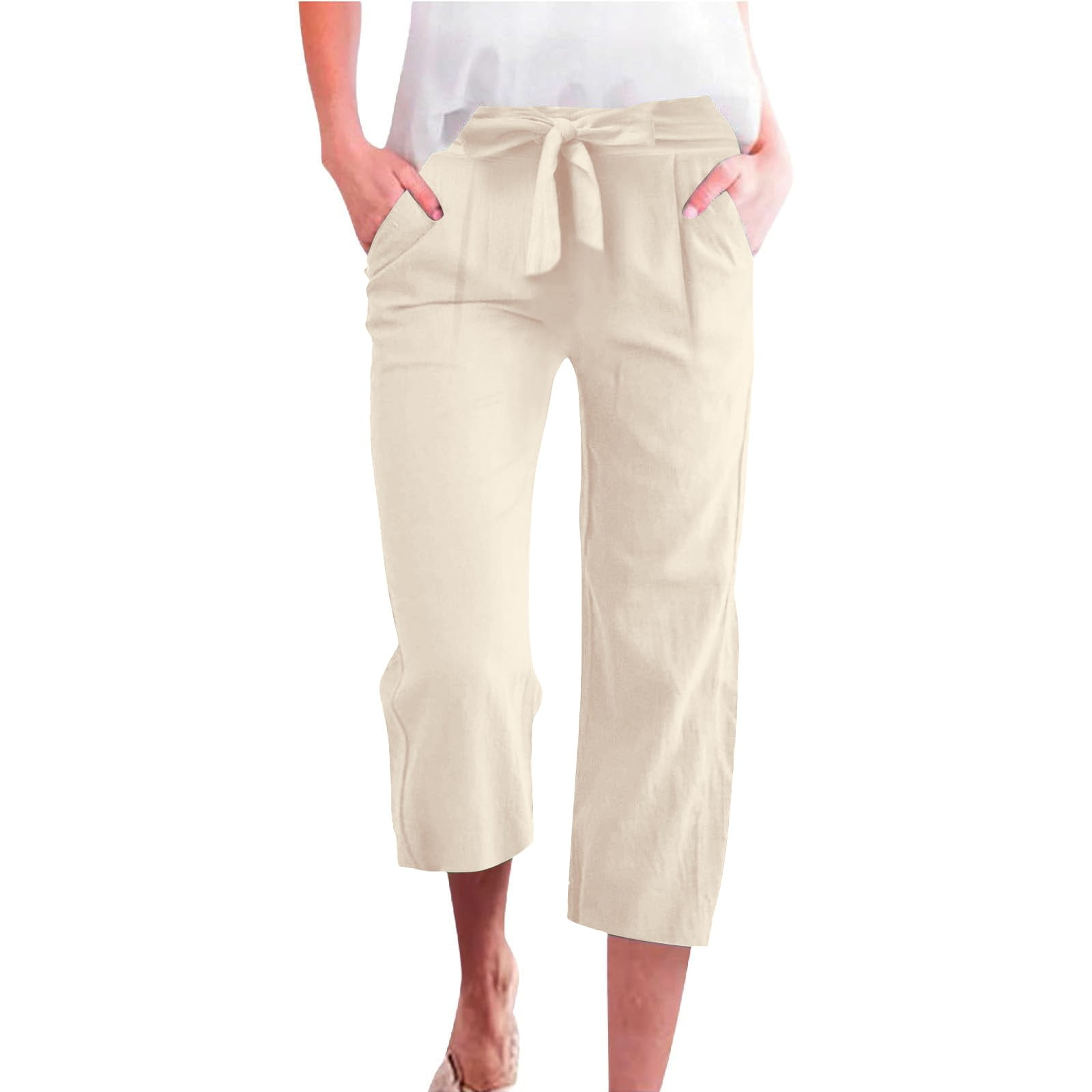 RPVATI Capri Linen Pants for Women Cotton Casual Summer Capris Drawstring High Waist Pants Wide ...