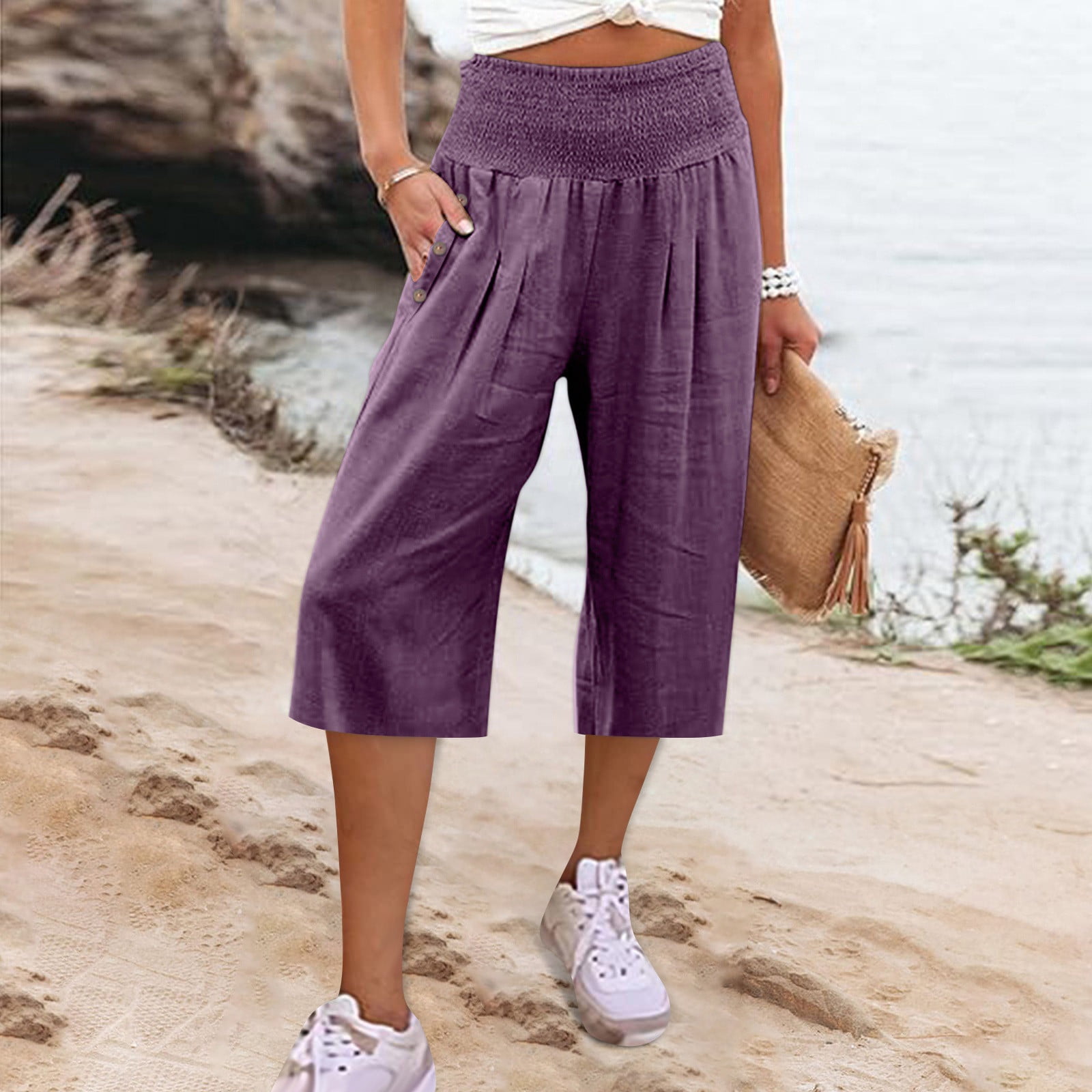 RPVATI Capri Pants for Women Plus Size Trendy Casual Wide Leg Linen Palazzo Pants Summer High ...