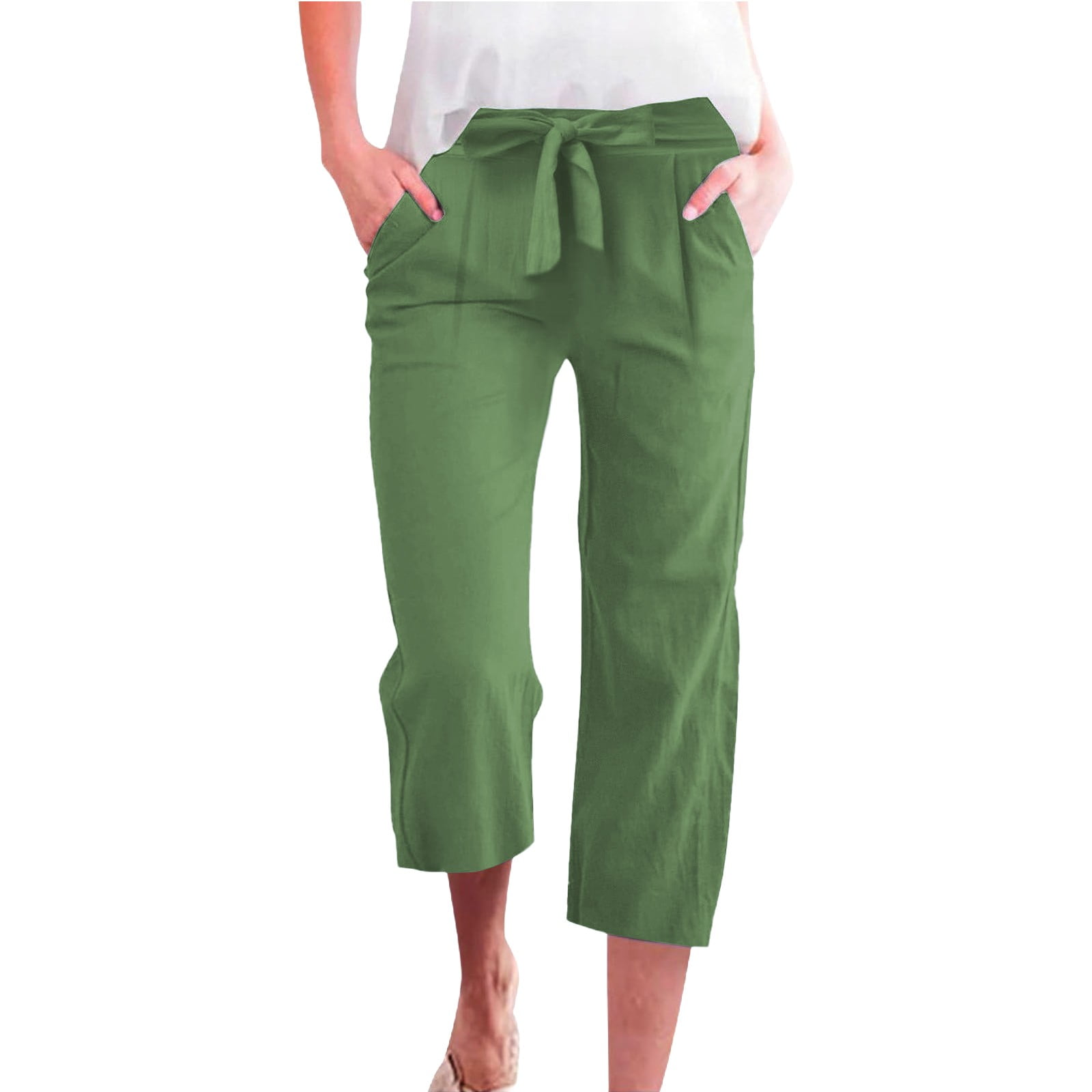RPVATI Capri Pants for Women With Pockets Casual High Waisted Tie Front Linen Capri Pants Plus ...