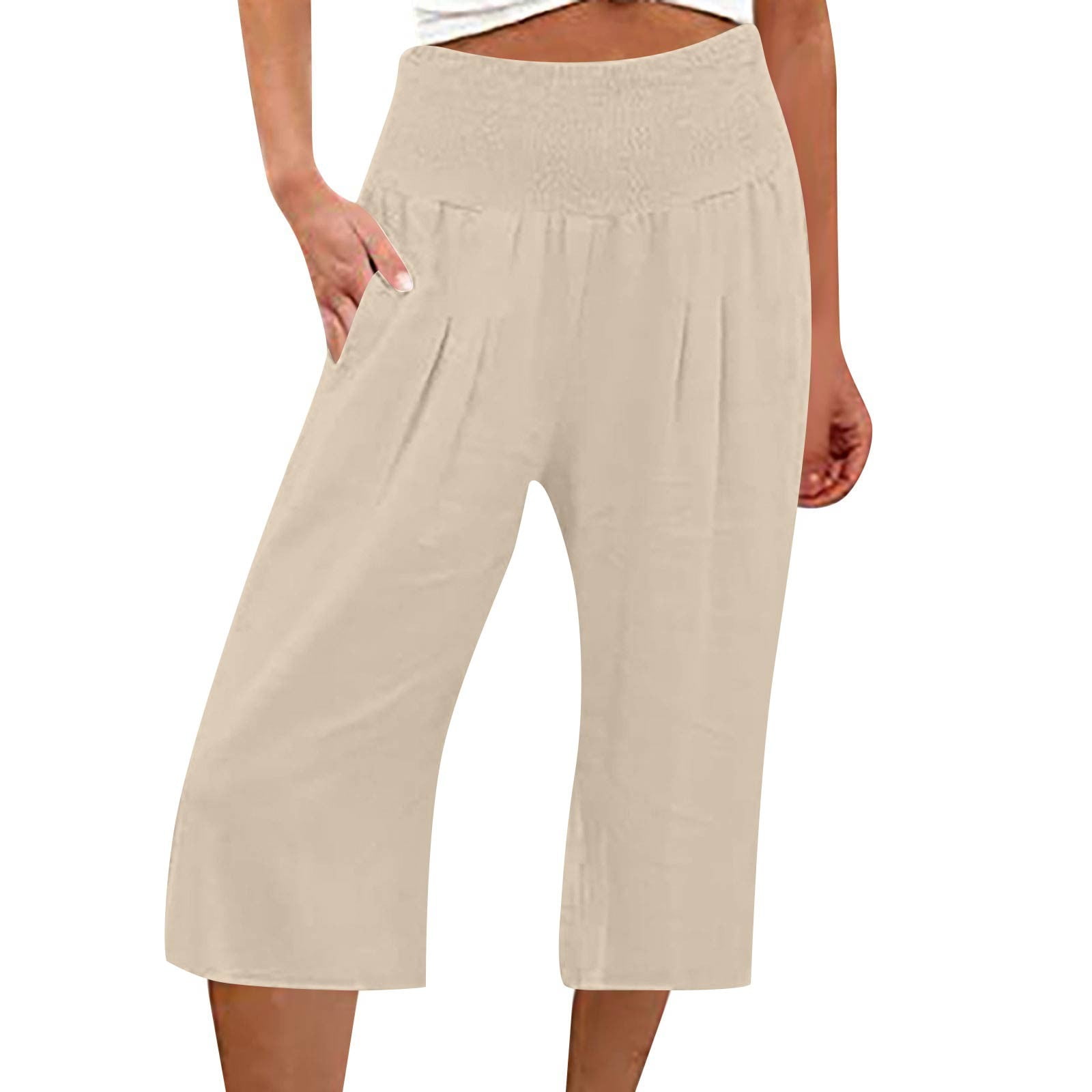 RPVATI Capri Pants for Women Wide Leg Linen Smocked Elastic Waist Palazzo Pants Flowy Lounge ...