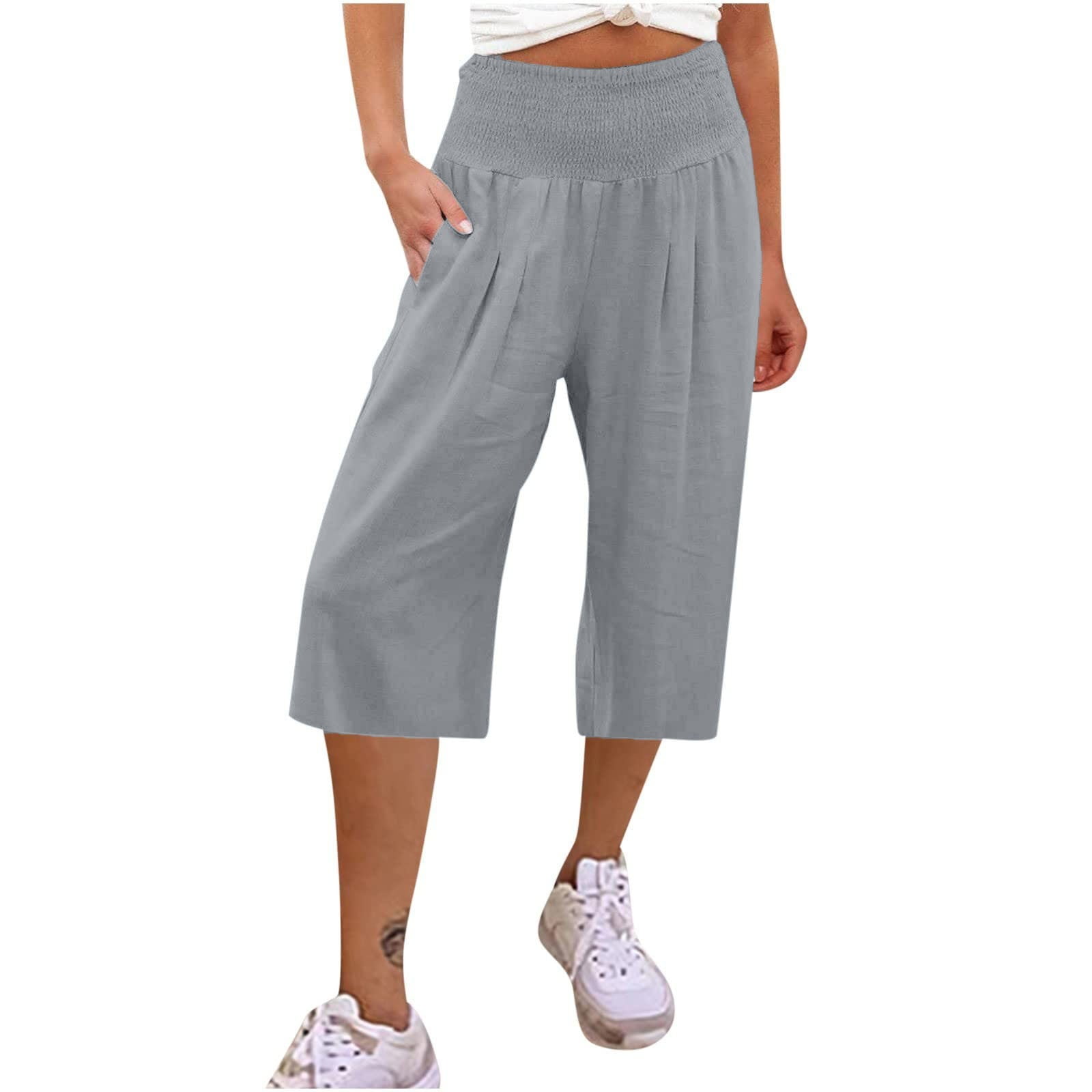 RPVATI Womens Petite Capri Pants Cotton Linen Summer Casual Smocked High Waisted Wide Leg Lounge ...