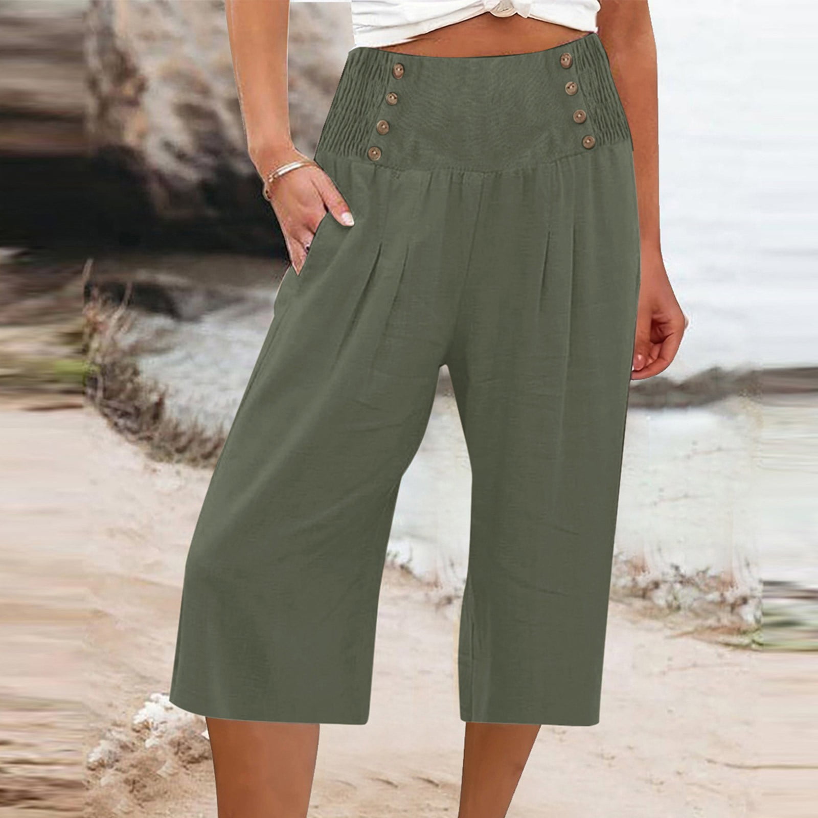 RPVATI Capri Yoga Pants for Women Loose Elastic High Waisted Lightweight Cotton Linen Palazzo ...