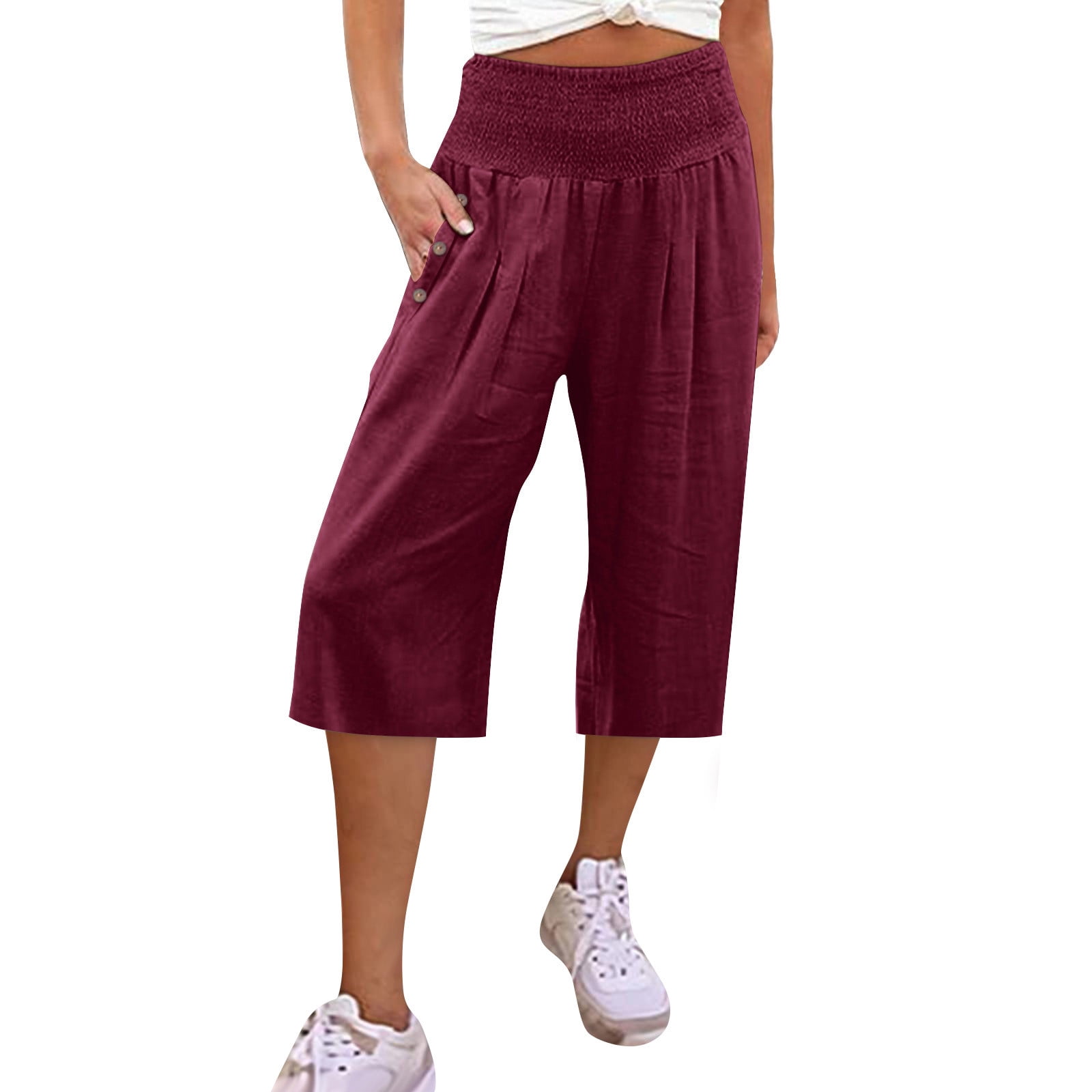 RPVATI Capri Yoga Pants for Women Plus Size Cotton Linen Summer Casual Wide Leg Capri Pants ...