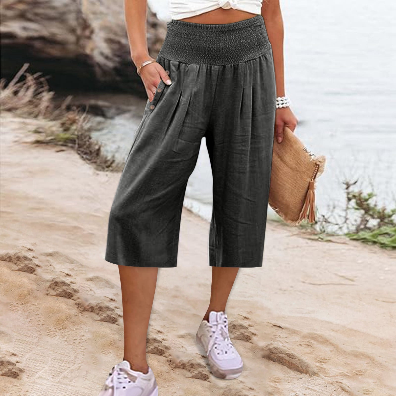 RPVATI Capris Pants for Women Trendy Summer Elastic High Waisted Wide Leg Palazzo Pants Loose ...