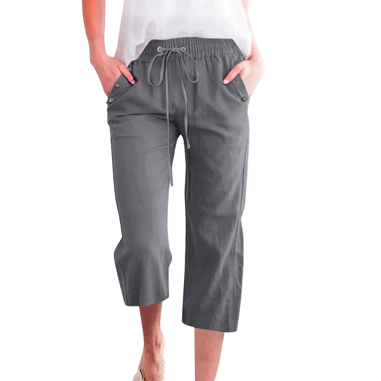 RPVATI Cargo Capris for Women Summer Cotton Linen Casual Capri Pants Baggy Straight Wide Leg ...