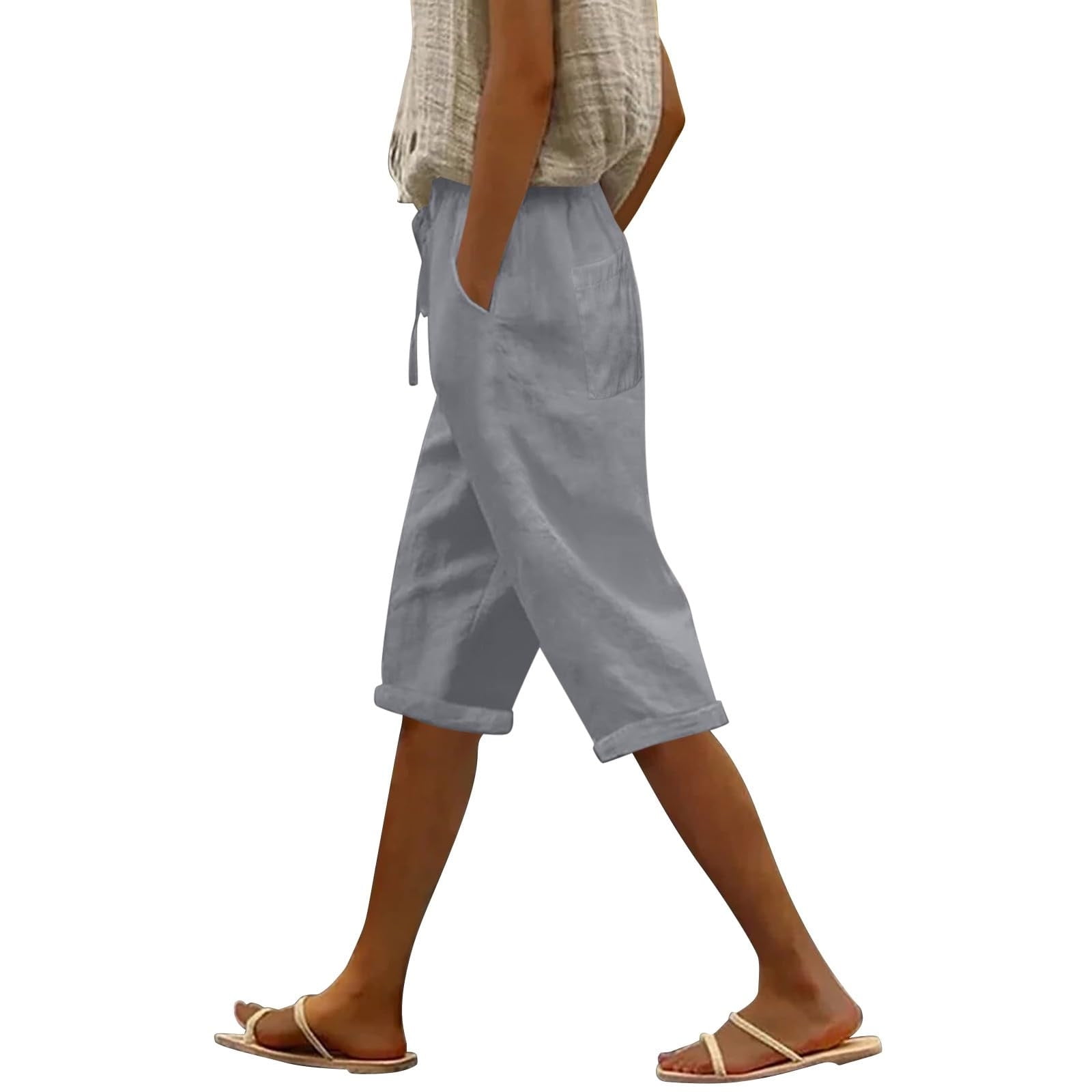 RPVATI Cargo Capris for Women With Pockets Cropped Wide Leg Elastic Waist Cotton Linen Pants ...