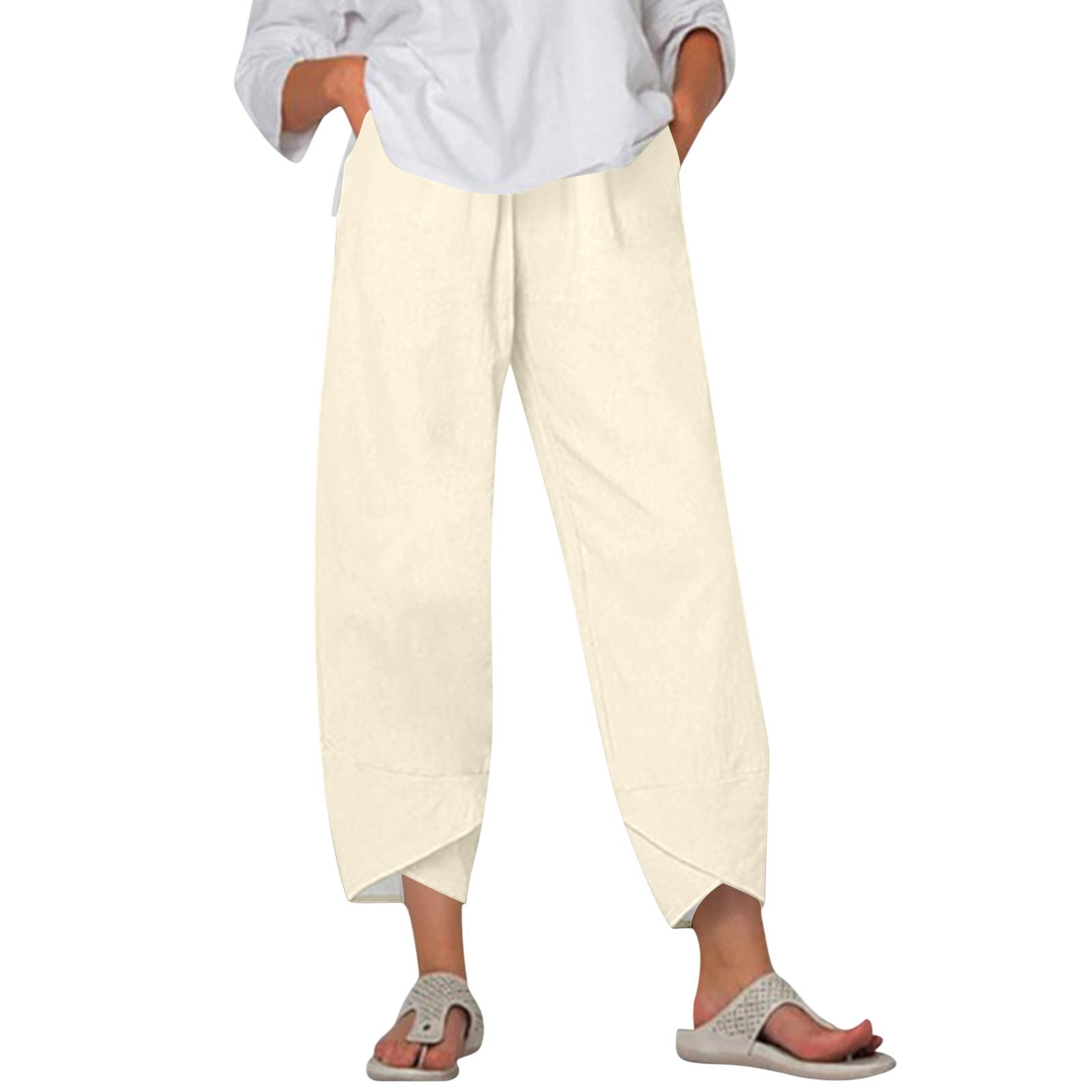 RPVATI Cotton Linen Summer Casual Capri Pants for Women Printed Waist Wide Leg Palazzo Cropped ...