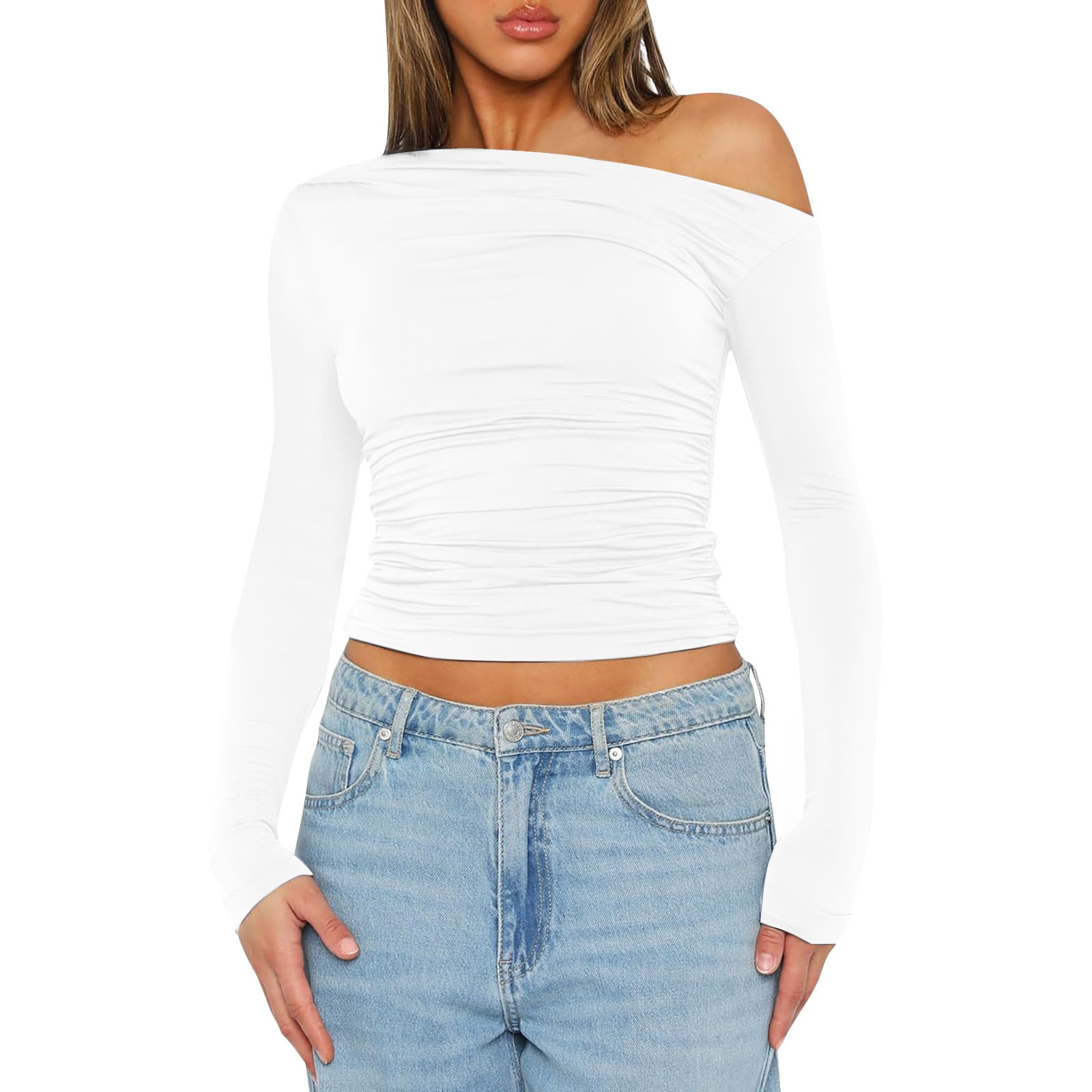Rpvati Crop Top Tank Tops For Women Off Shoulder Sexy Long Sleeve
