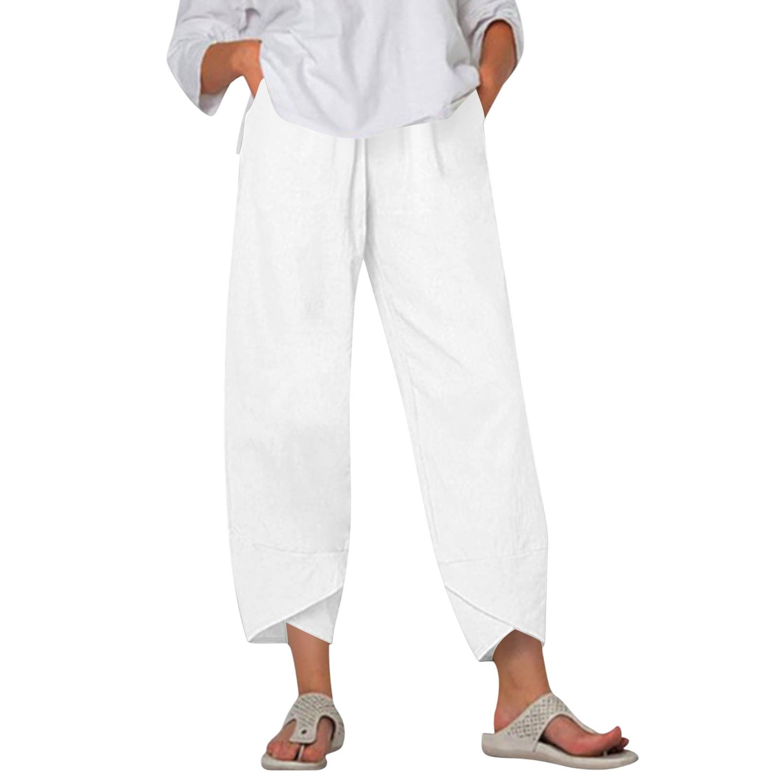 RPVATI Cropped Linen Pants Women Wide Leg Summer Elastic High Waist Capri Pants Boho Lounge ...