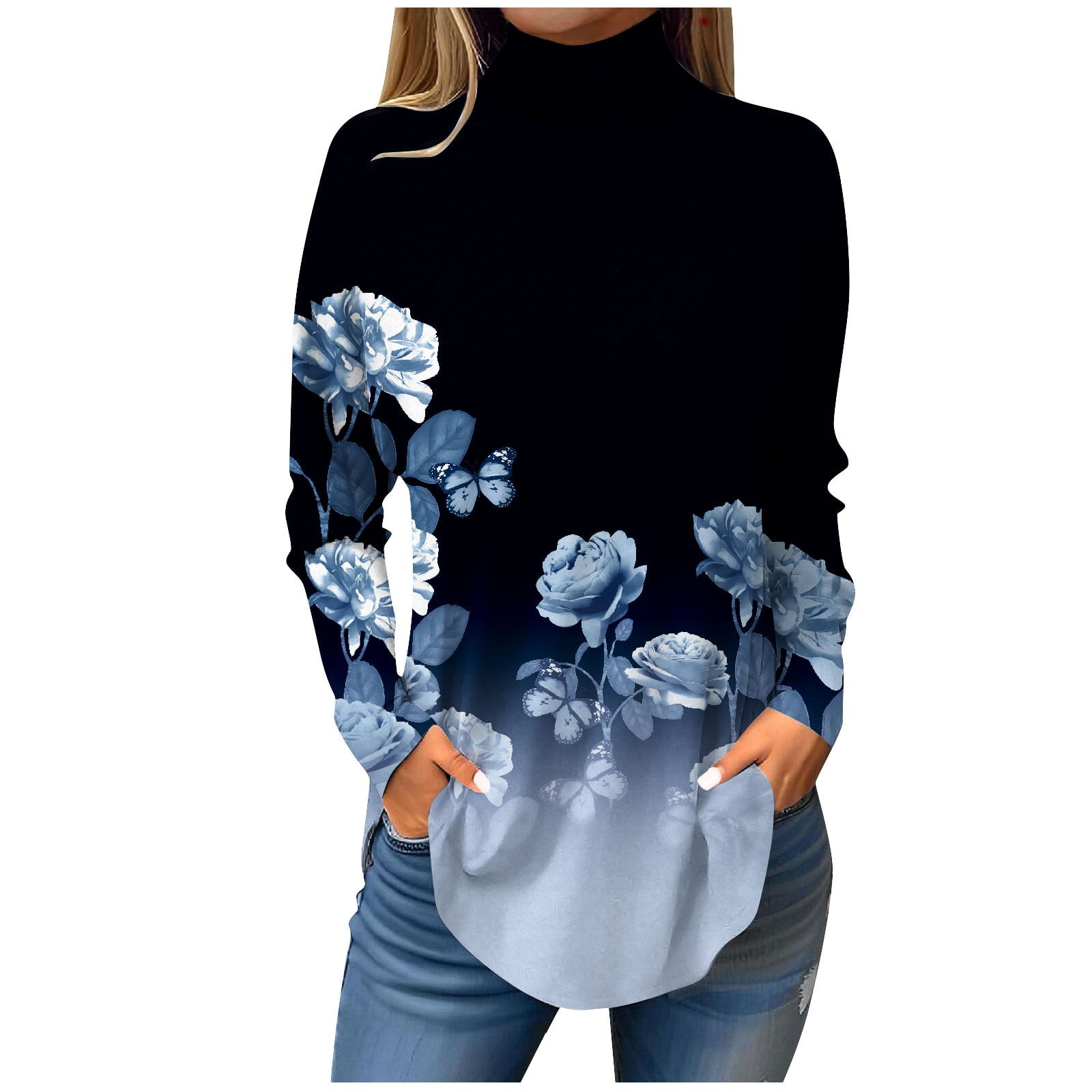 Rpvati Women Plus Size Tops Long Sleeve Turtleneck Blouses Fall Turtle Neck Tunic Tops Floral