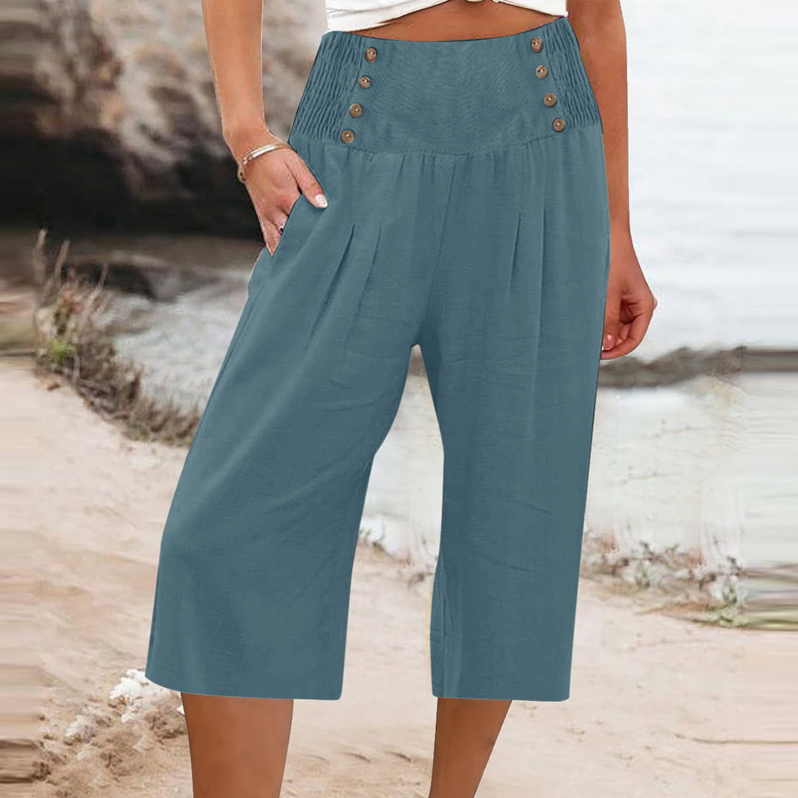 RPVATI Ladies Capris With Pockets Summer Wide Leg Dressy Elastic High Waisted Palazzo Pants ...
