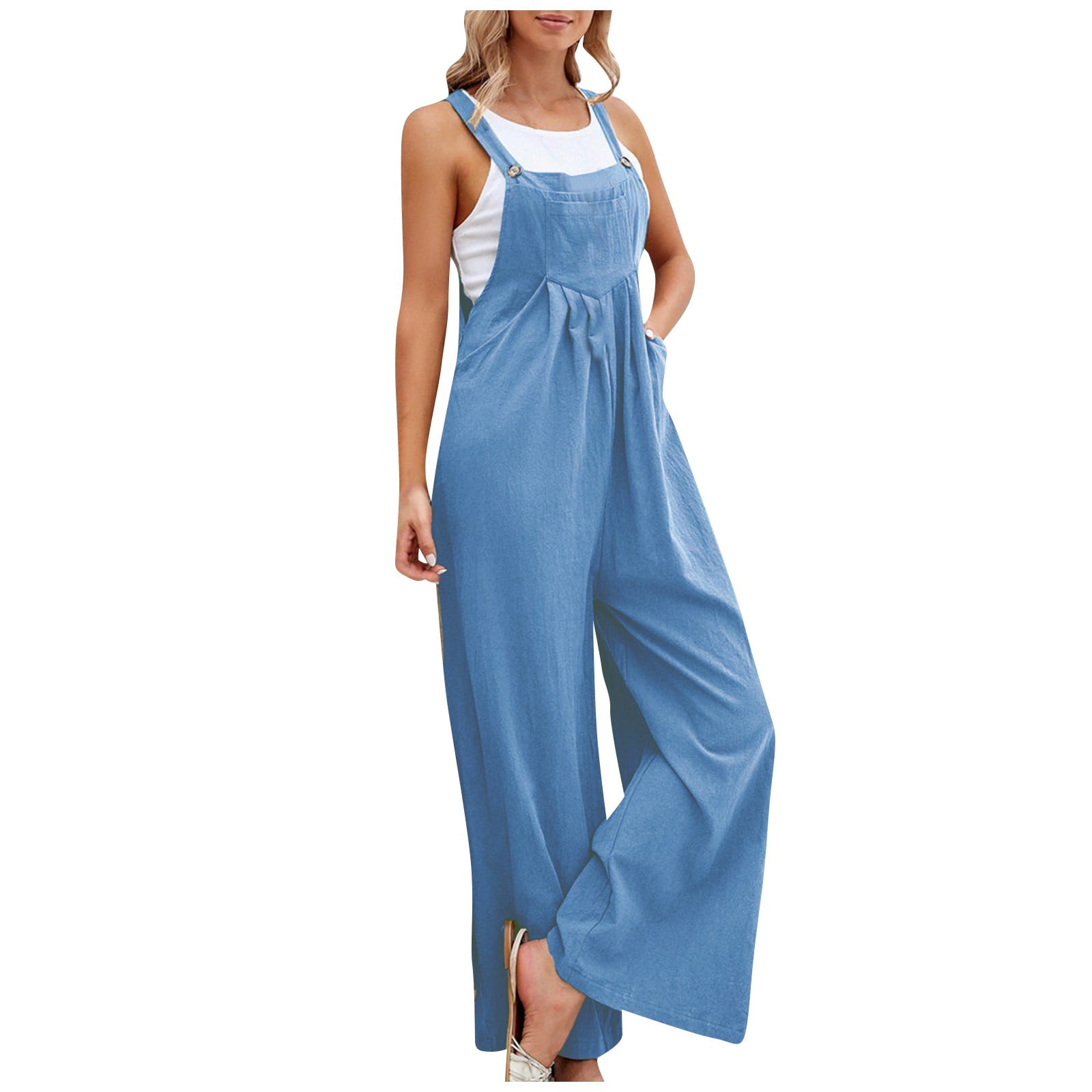 RPVATI Linen Baggy Overalls for Women Adjustable Straps Wide Leg ...