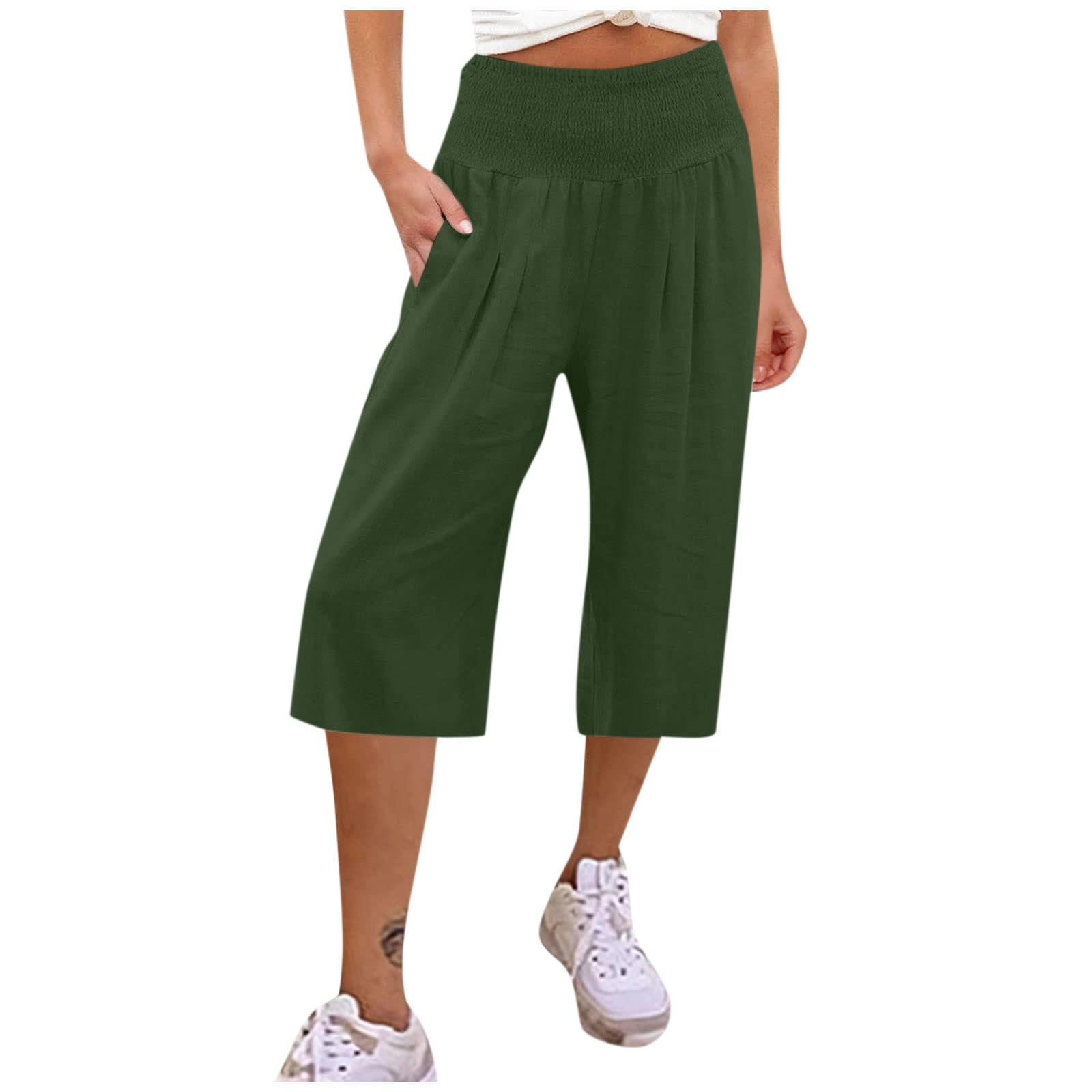 RPVATI Linen Capri Pants Women Casual Summer Smocked Elastic High Waisted Wide Leg Pants Boho ...