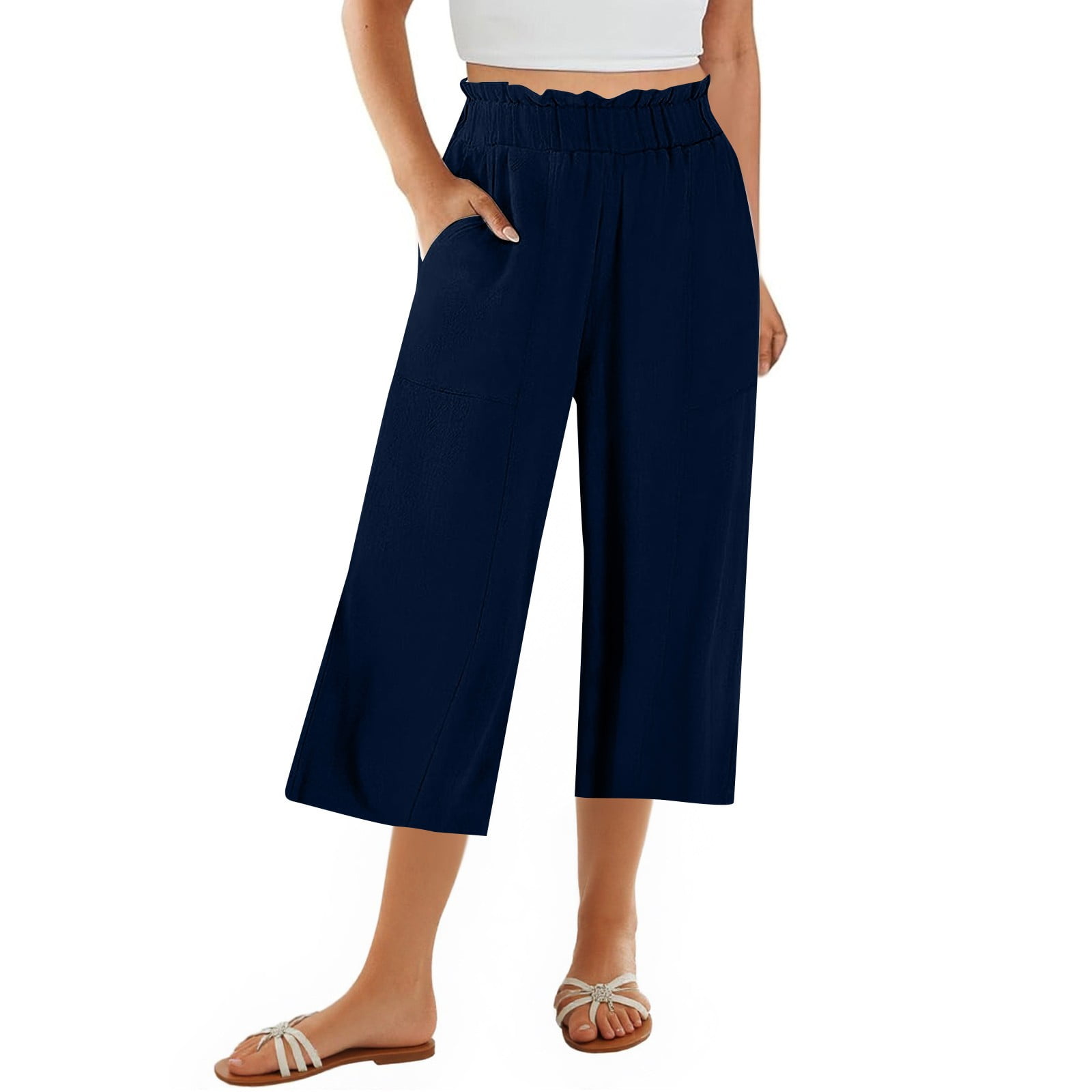 RPVATI Linen Capri Pants for Women Summer Elastic High Waisted Wide Leg Pants with Pockets ...