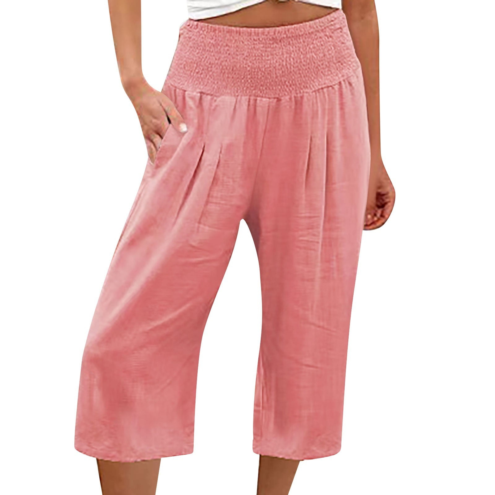 RPVATI Linen Pants Women Short Length Elastic High Waisted Wide Leg Capri Pants Loose Fit ...