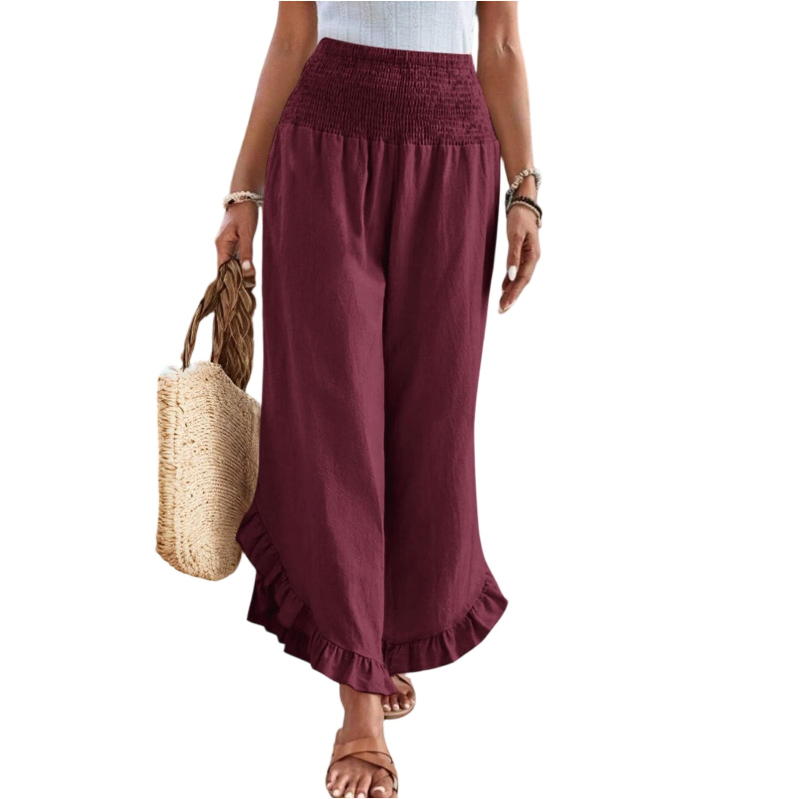 RPVATI Linen Wide Leg Pants for Women Stretch Smocked High Waisted Ruffle Hem Palazzo Pants ...