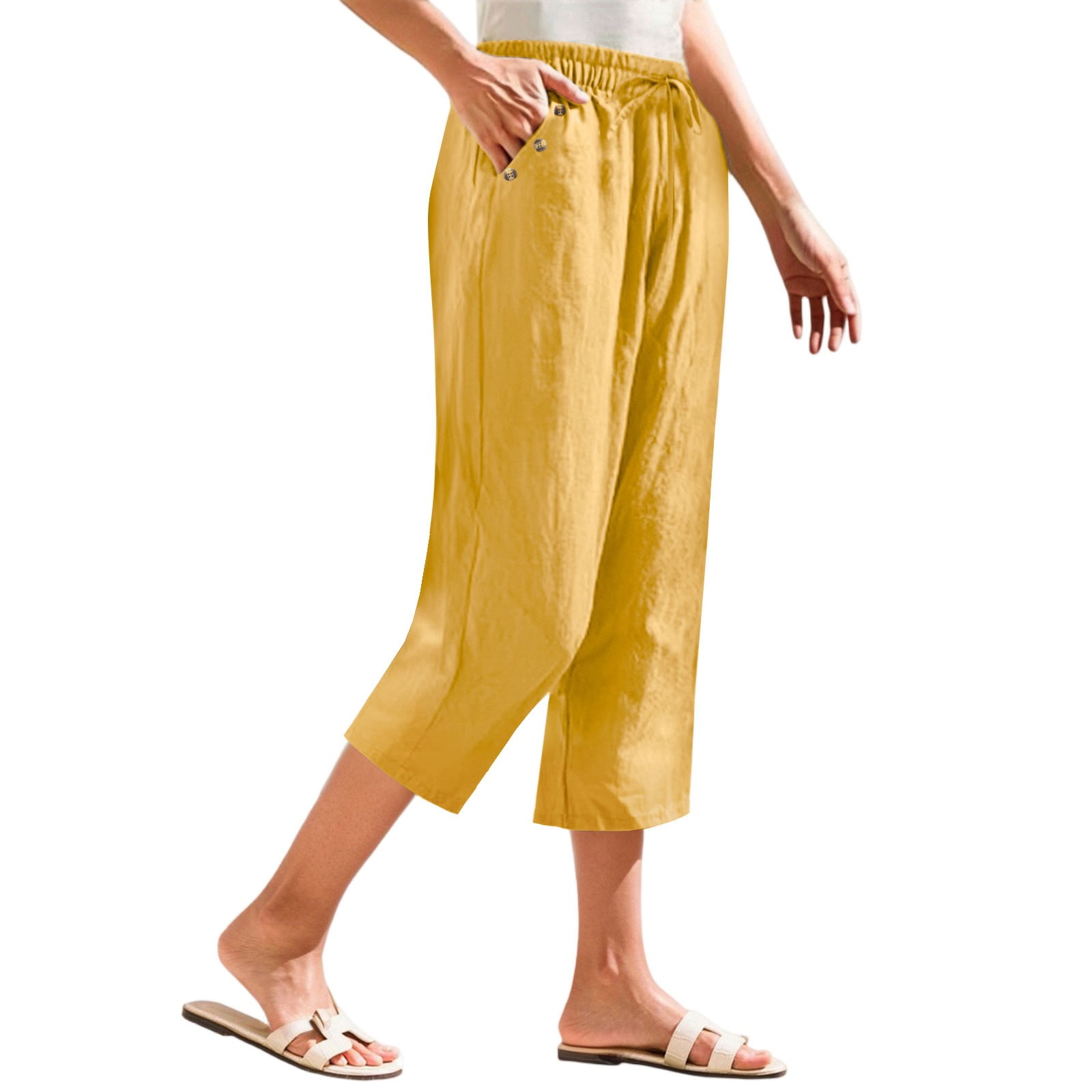 RPVATI Loose Capri Pants for Women Casual Straight Wide Leg Elastic High Waisted Beach Pants ...