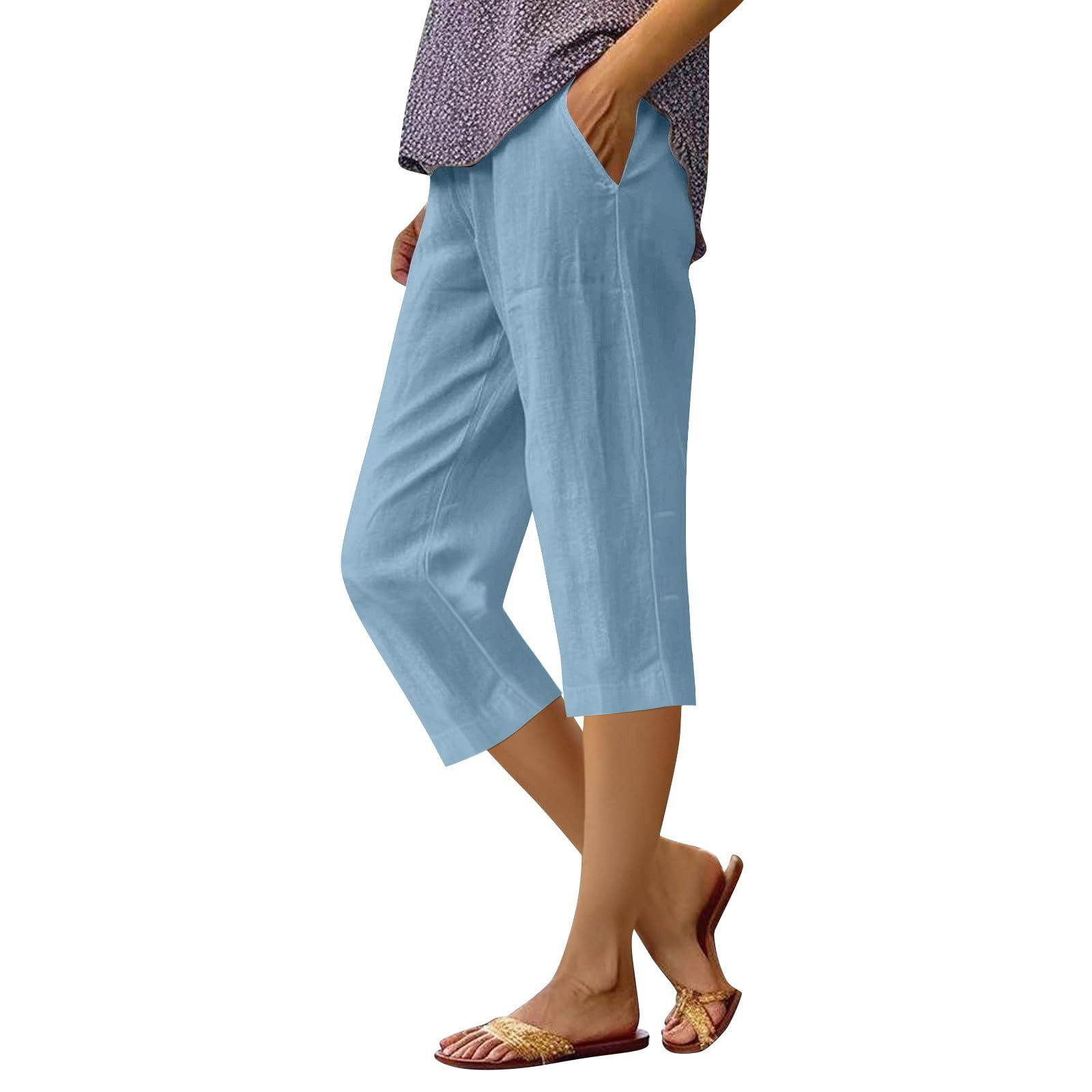 RPVATI Capris for Women Plus Size Cotton Linen Summer High Waisted ...