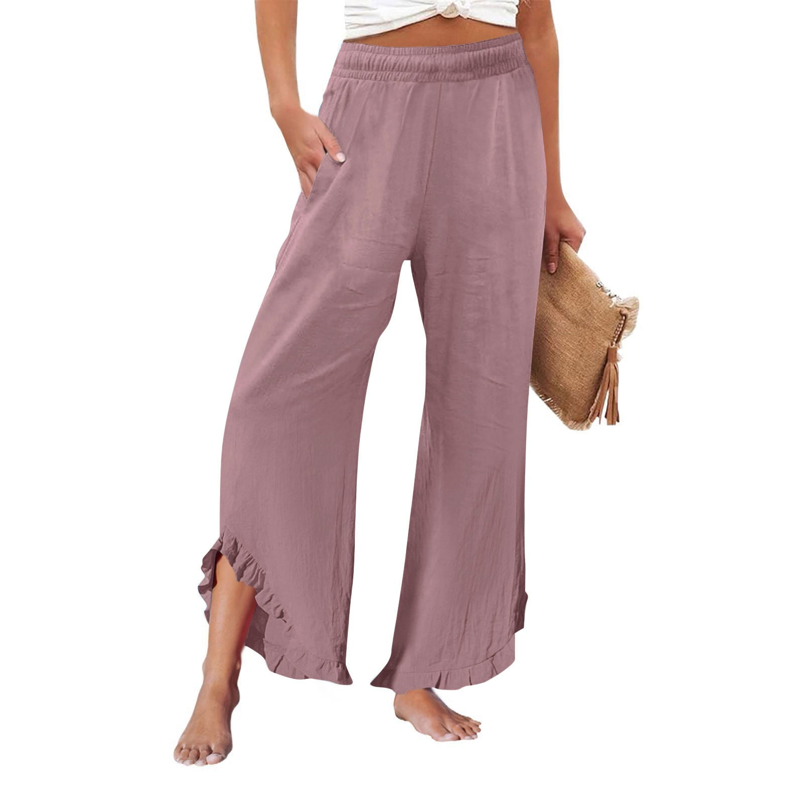 RPVATI Palazzo Pants for Women Summer Linen Smocked Waist Wide Leg Pant Boho Flowy Ruffle Hem ...