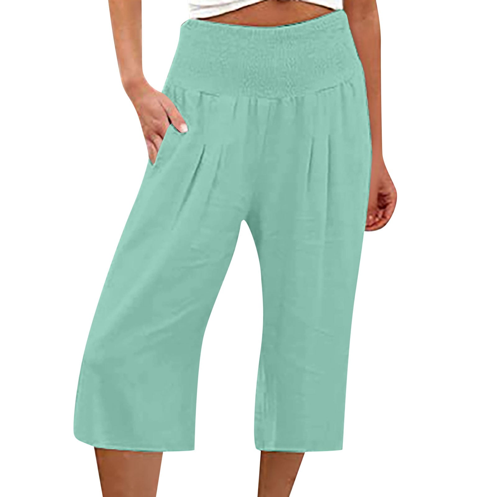 RPVATI Petite Capri Pants for Women Elastic Waist Cotton Linen Casual Comfy Smocked High Waisted ...