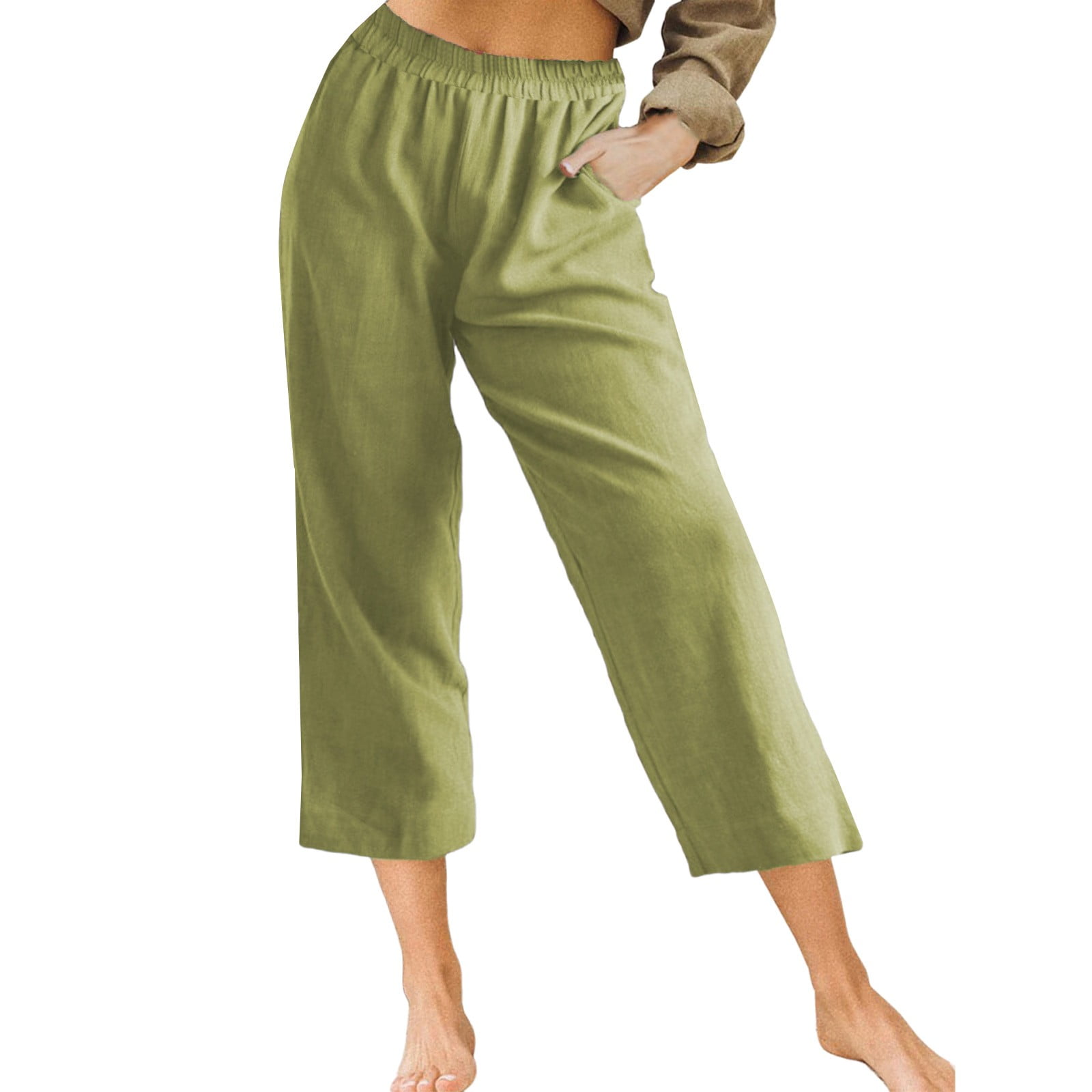 RPVATI Petite Capri Pants for Women Elastic Waist Cotton Linen Wide Leg High Waisted Capri Pants ...