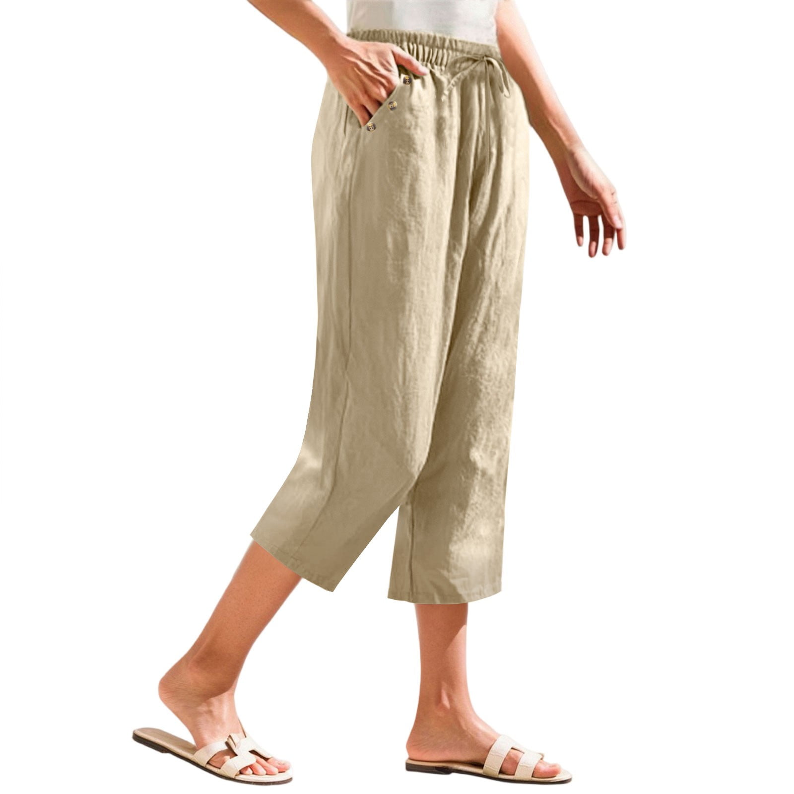 RPVATI Petite Womens Capri Pants Summer Elastic Waist Straight Wide Leg Beach Cotton Linen ...