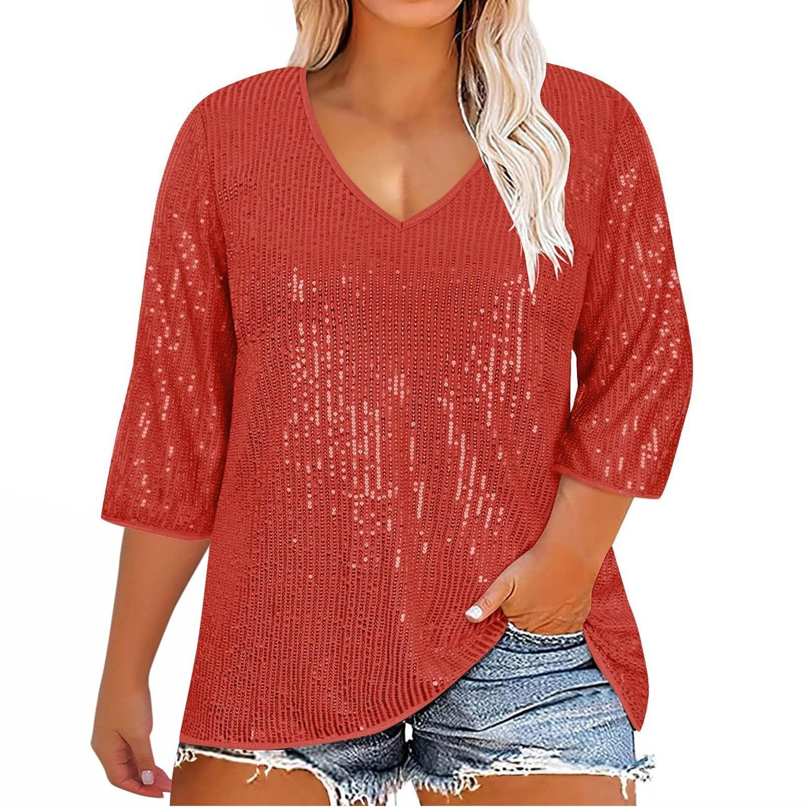 RPVATI Plus Size Sequin Top for Women 3/4 Sleeve Party Blouse Evening ...