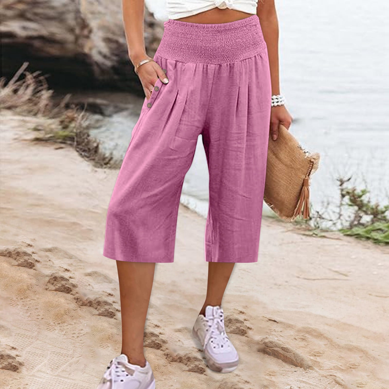 RPVATI Stretch Capris for Women Trendy Summer High Waisted Wide Leg ...