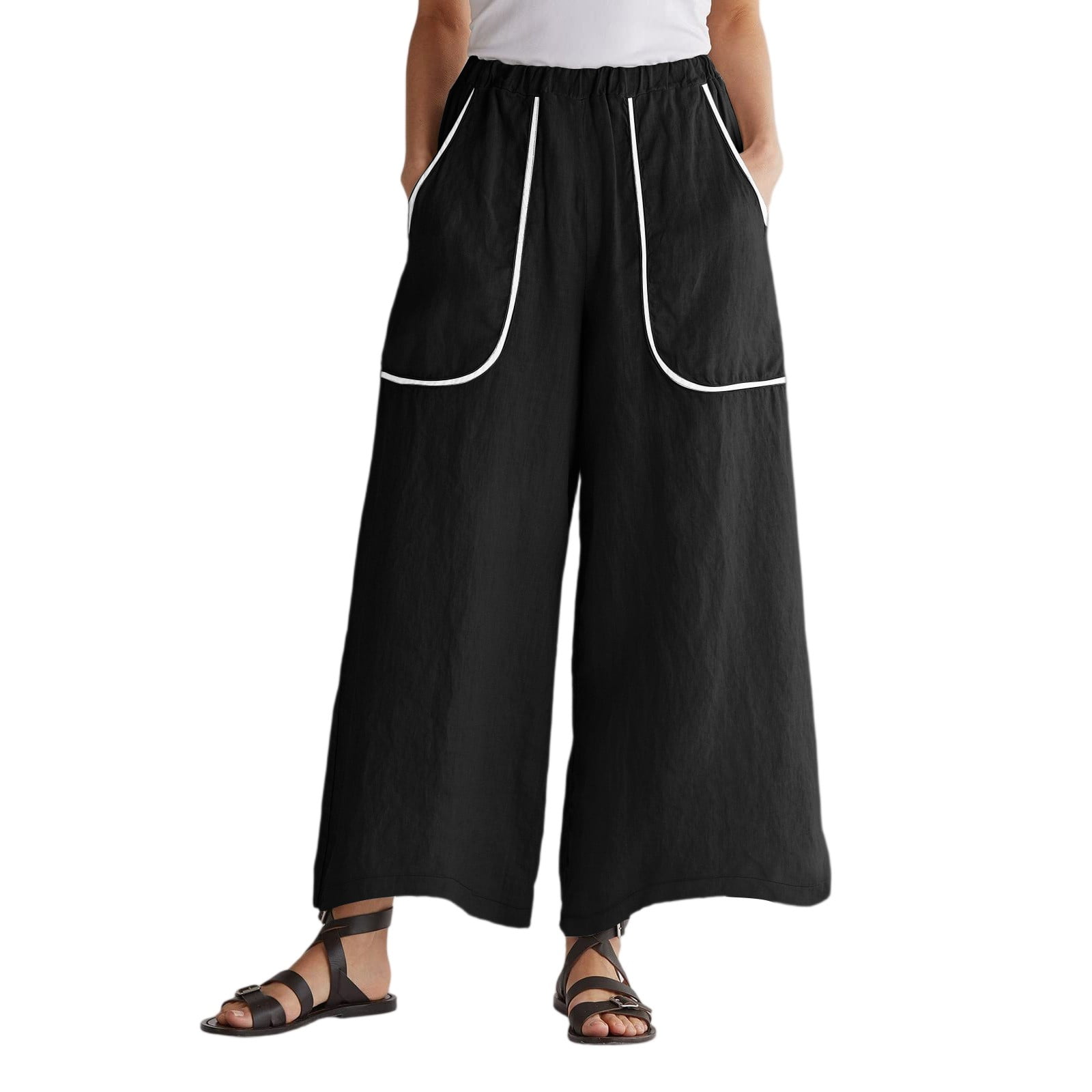 RPVATI Summer Linen Pants Womens Casual Flowy High Waisted Palazzo Pants Petite Wide Leg Beach ...