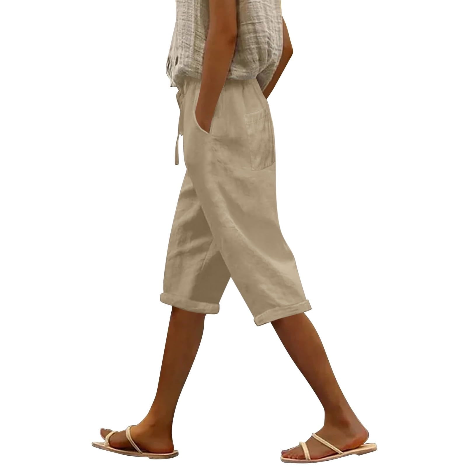 RPVATI Wide Leg Capri Pants for Women Beach Drawstring Linen Capris for Women Summer Elastic ...
