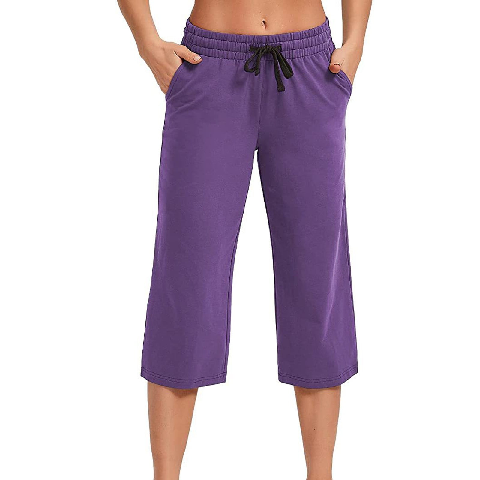 Rpvati Wide Leg Capris For Women Solid Straight Compression Workout Pants Women With Pockets