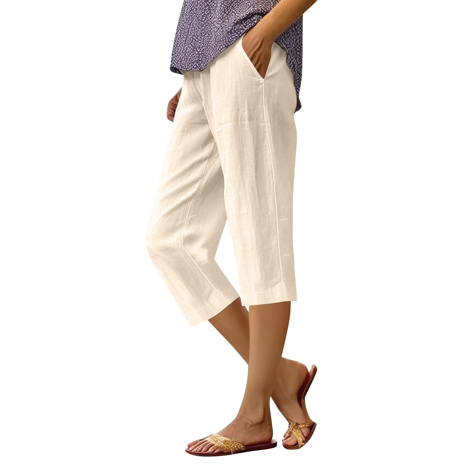 RPVATI Women Capri Pants Wide Legs Plus Size Linen Casual Elastic High Waisted Summer Capri ...