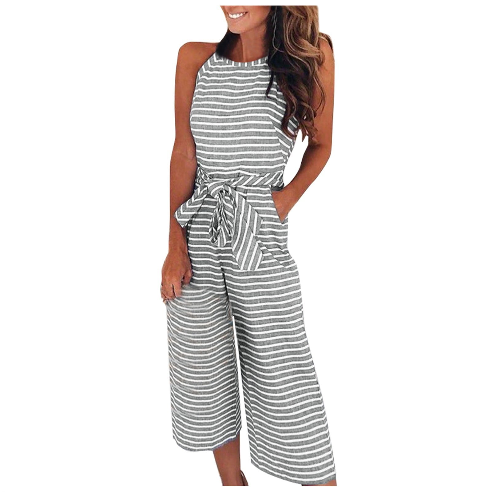 RPVATI Women Casual Sleeveless Striped Jumpsuit Wide Leg Capri Romper ...