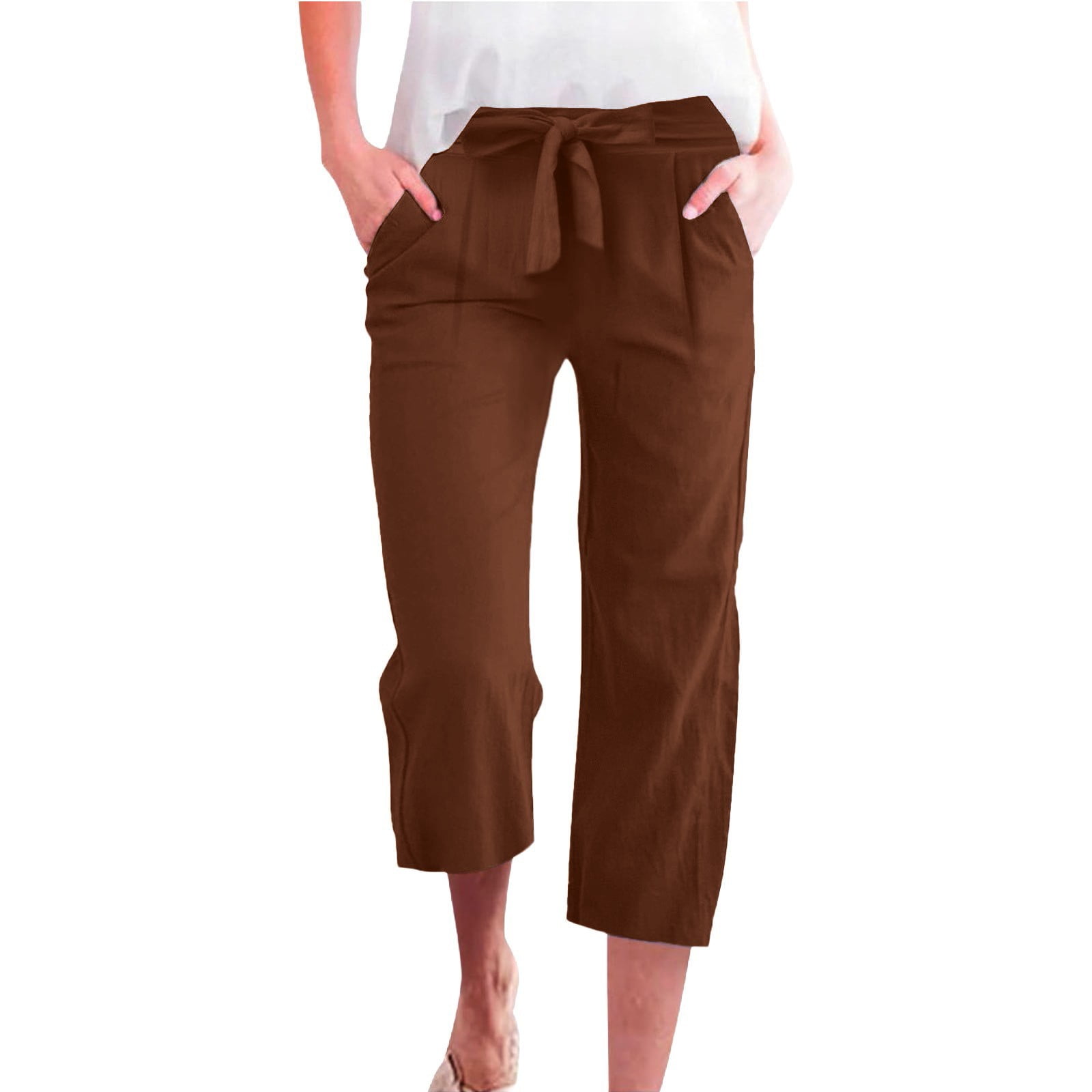 RPVATI Women Linen Capri Pants Summer Wide Leg Casual Capris Lounge High Waist Plus Size ...