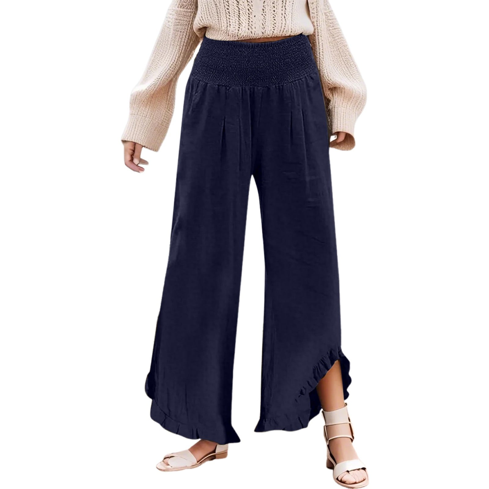 RPVATI Women Pants Smocked Waist Straight Leg Ruffle Cuffs Loose Fit ...