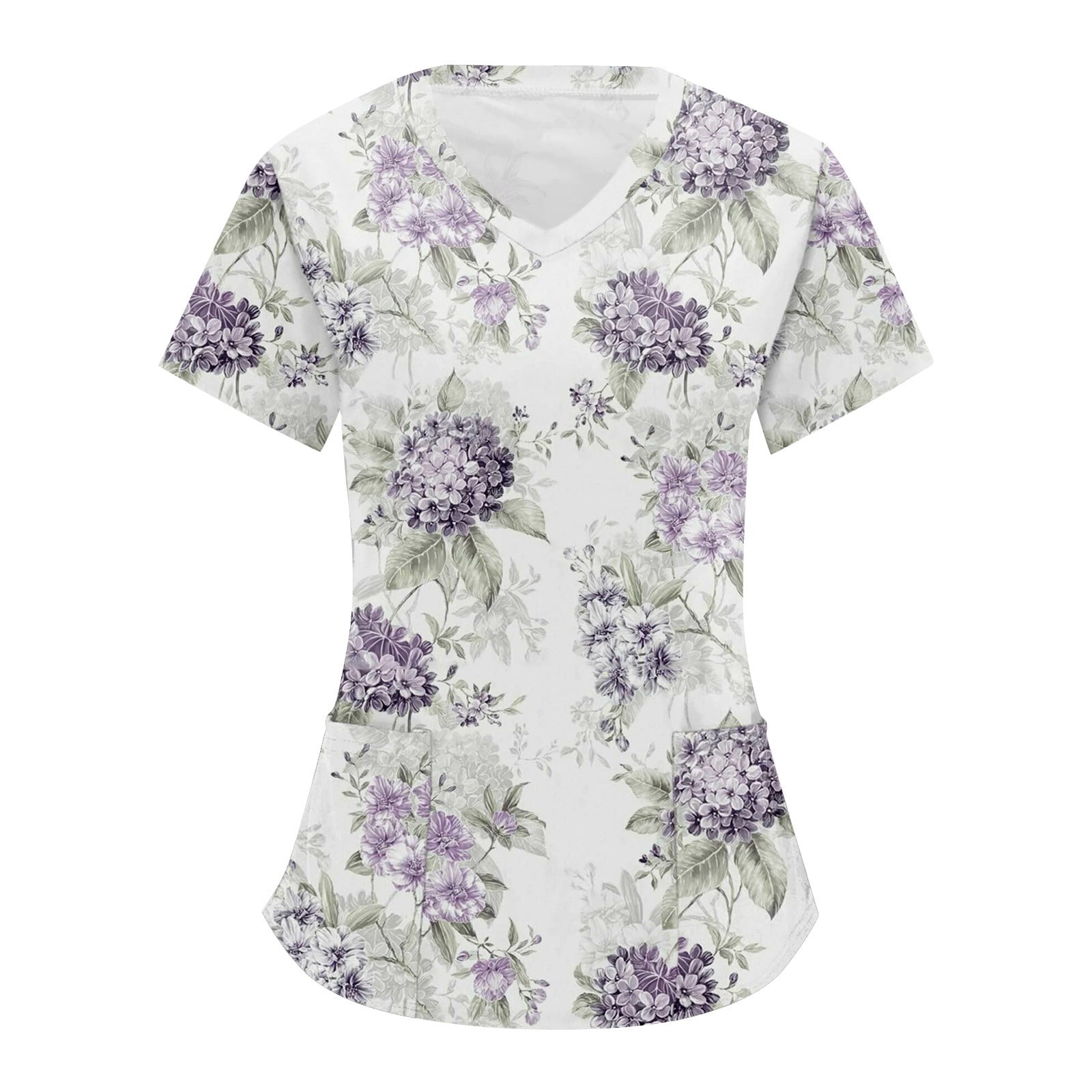 Rpvati Women V Neck Scrub Tops Casual Floral T Shirts Short Sleeve
