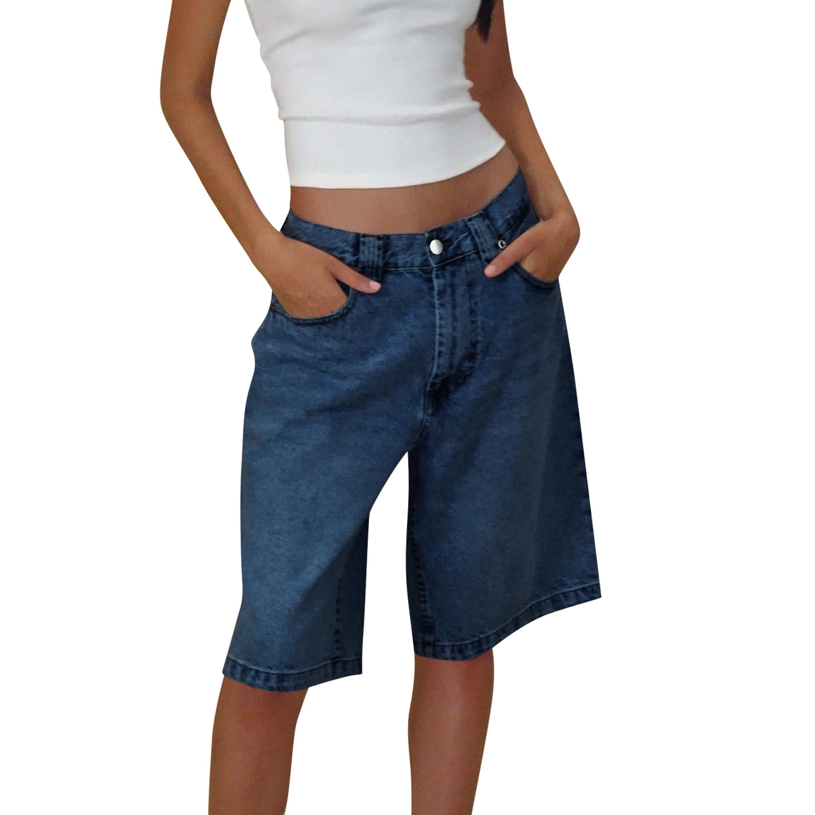 RPVATI Women Y2K Baggy Denim Shorts Loose Mid Rise Cargo Long Jean ...