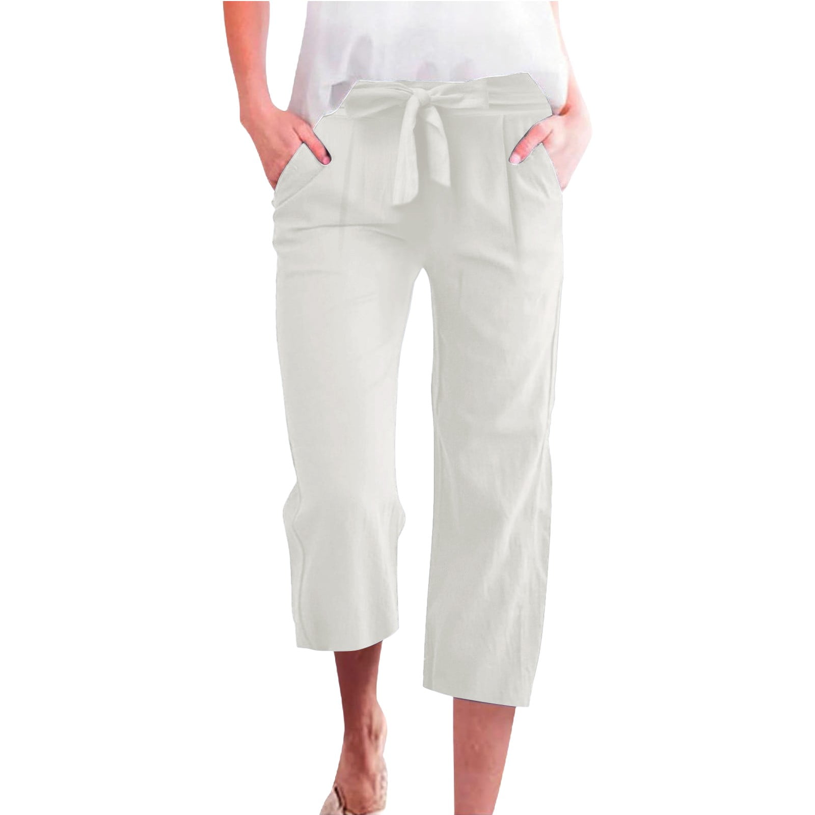 RPVATI Women's Linen Capri Pants Summer High Waisted Casual Capris Baggy Tie Knot Vacation Wide ...