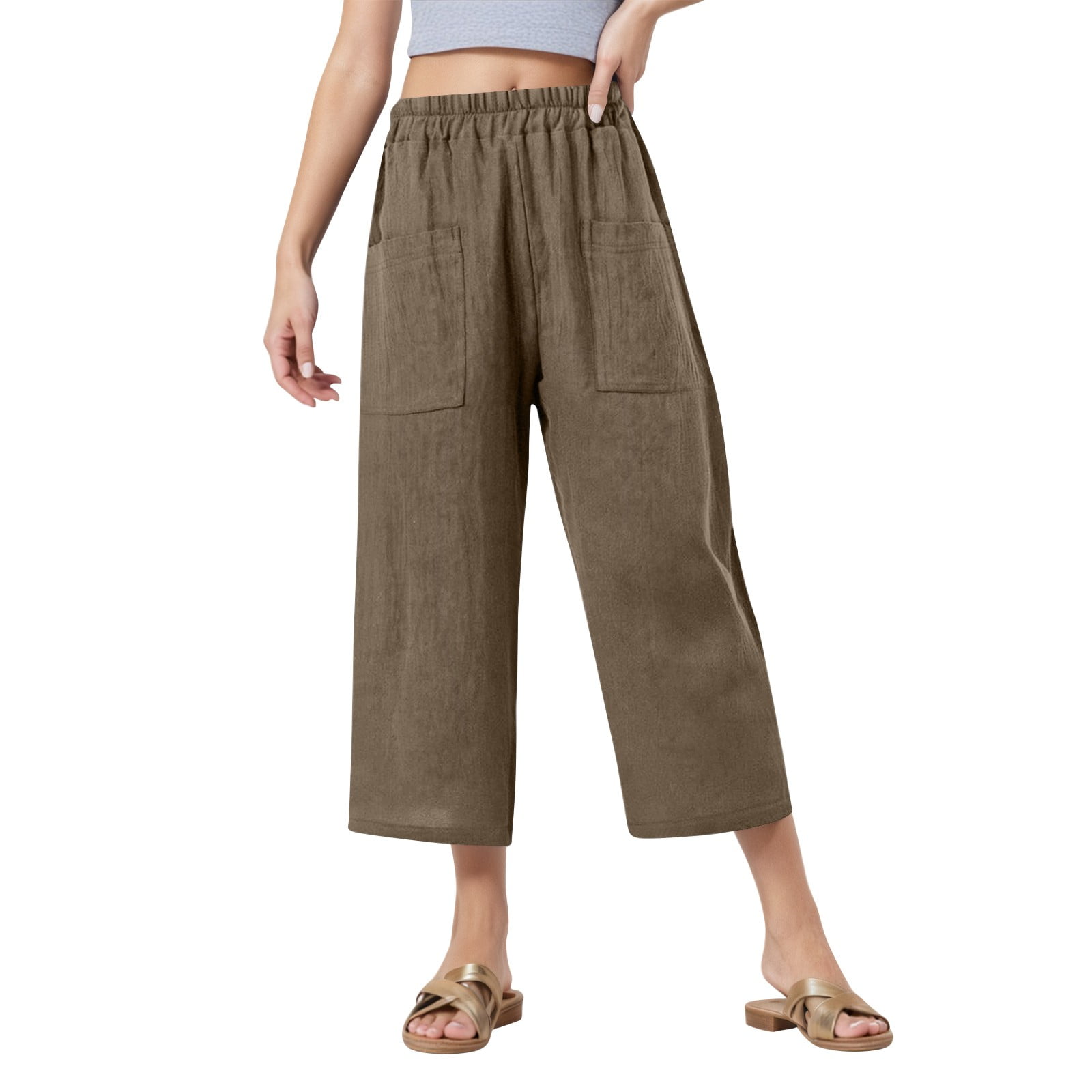 RPVATI Women's Linen Capris Summer Wide Leg Casual Capri Pants Yoga Elastic Waist Plus Size Boho ...