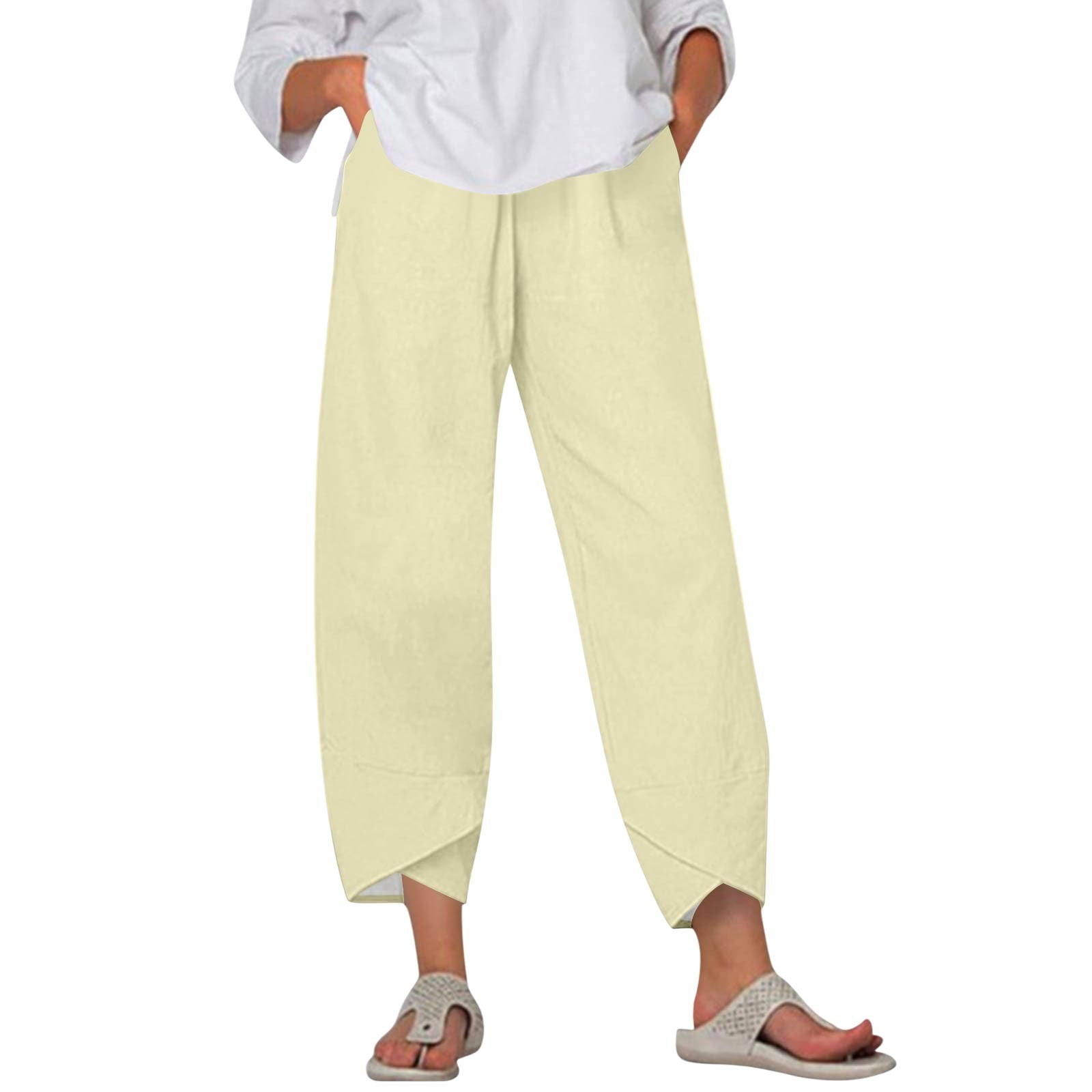 RPVATI Women's Linen Pants Summer Wide Leg Elastic High Waist Capri Pants Boho Lounge Casual ...