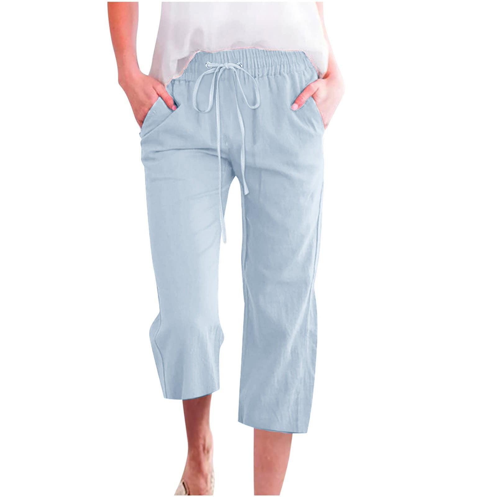 RPVATI Women's Plus Size Capri Pants With Pockets Cotton Linen Casual High Waisted Summer Capris ...