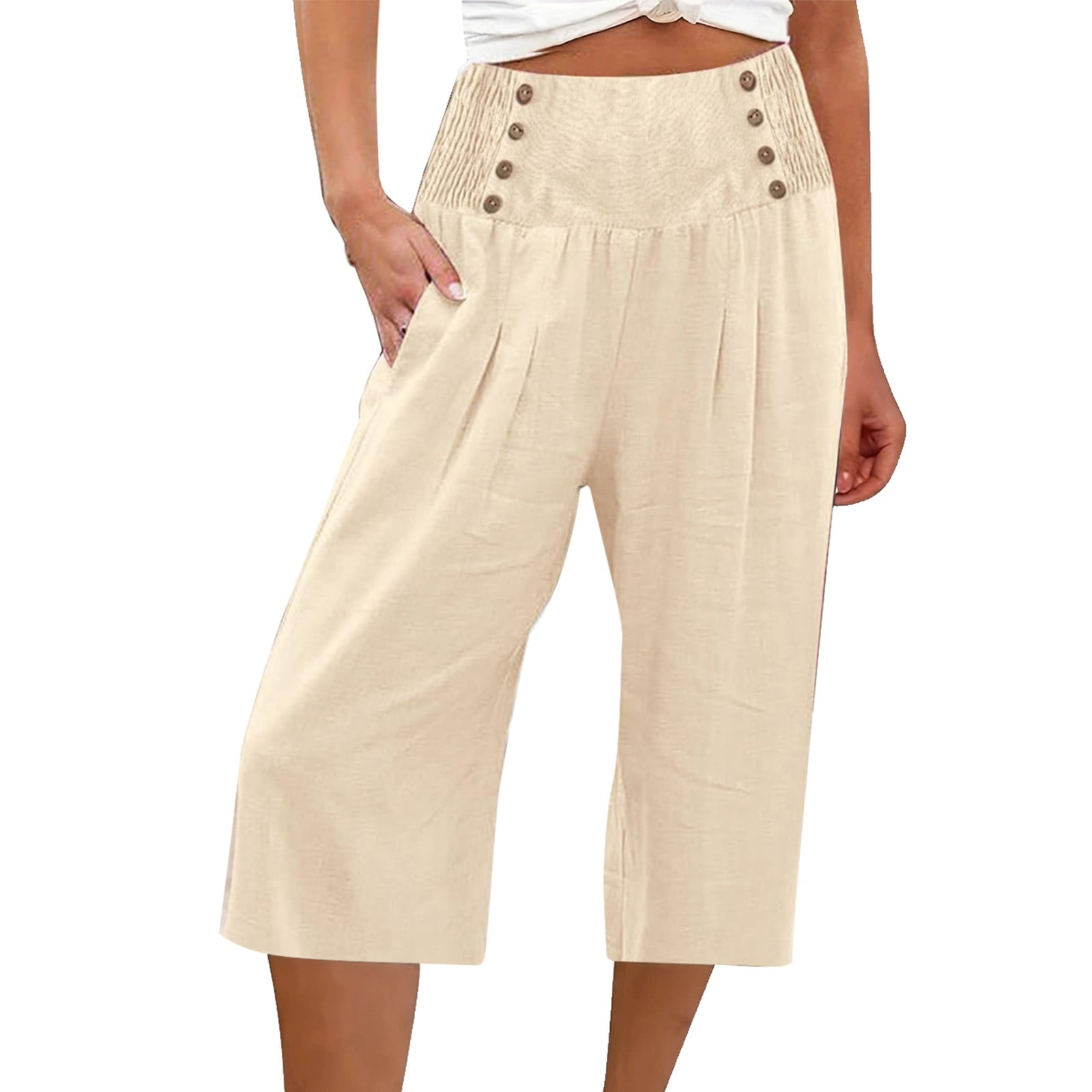 RPVATI Women's Plus Size Capri Pants Pull On Cotton Linen Casual Button Wide Leg Lightweight ...